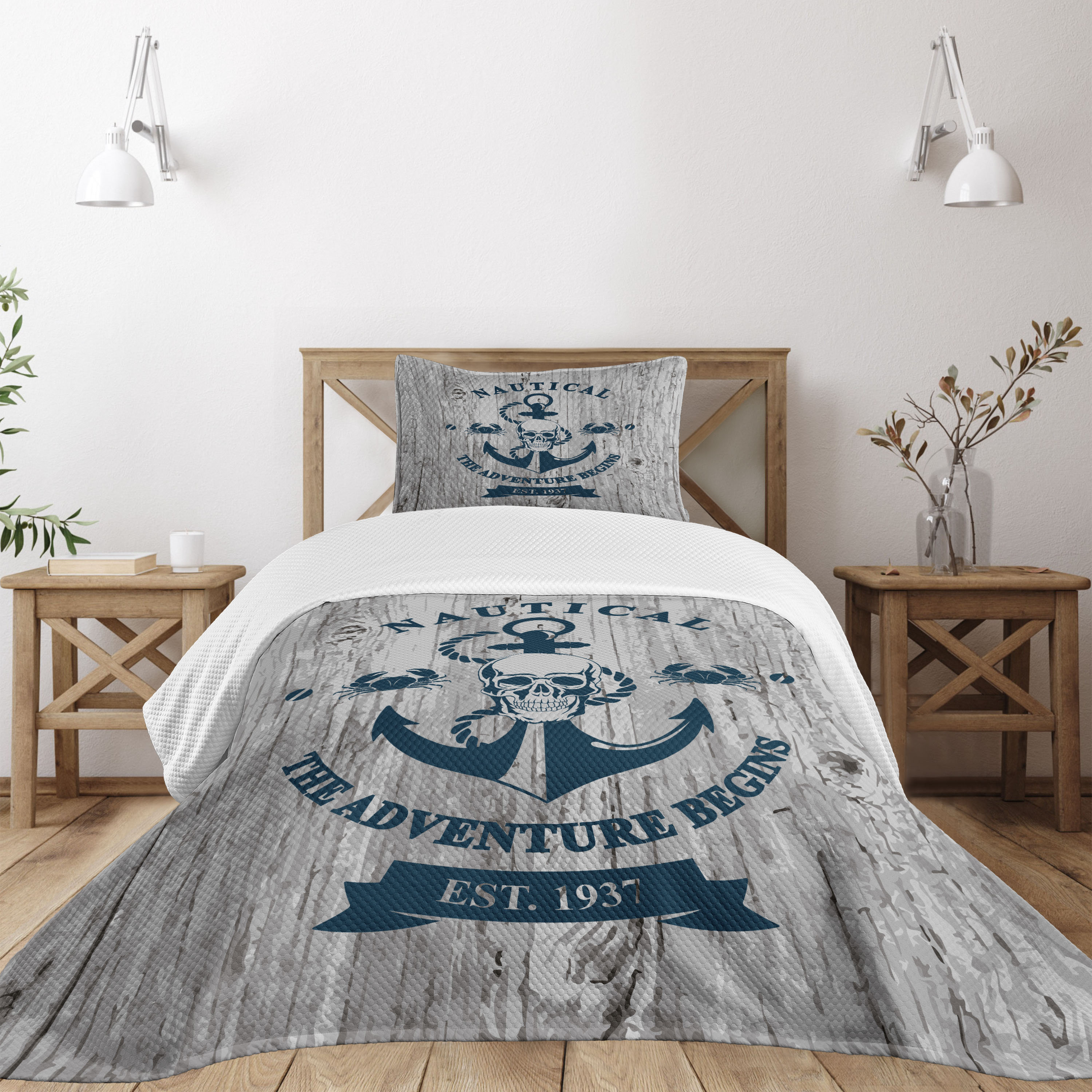 Ambesonne Nautical Bedspread Anchor Skull Sea | Wayfair