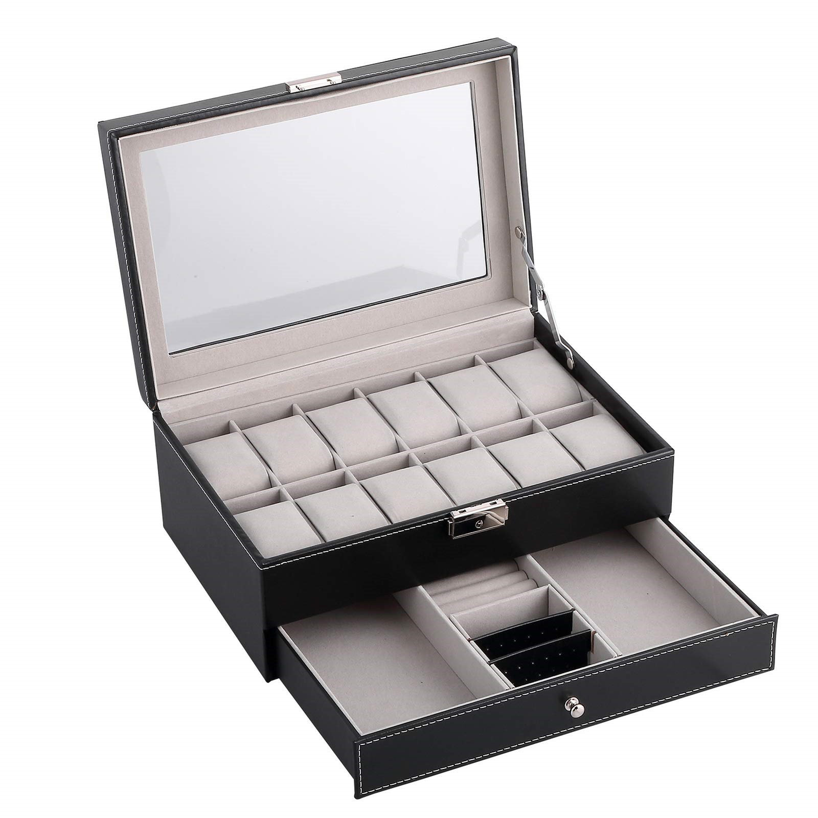 17 Stories 12-Slot 2-Tier Watch Box, Key Lock, Glass Lid, Black Leather ...