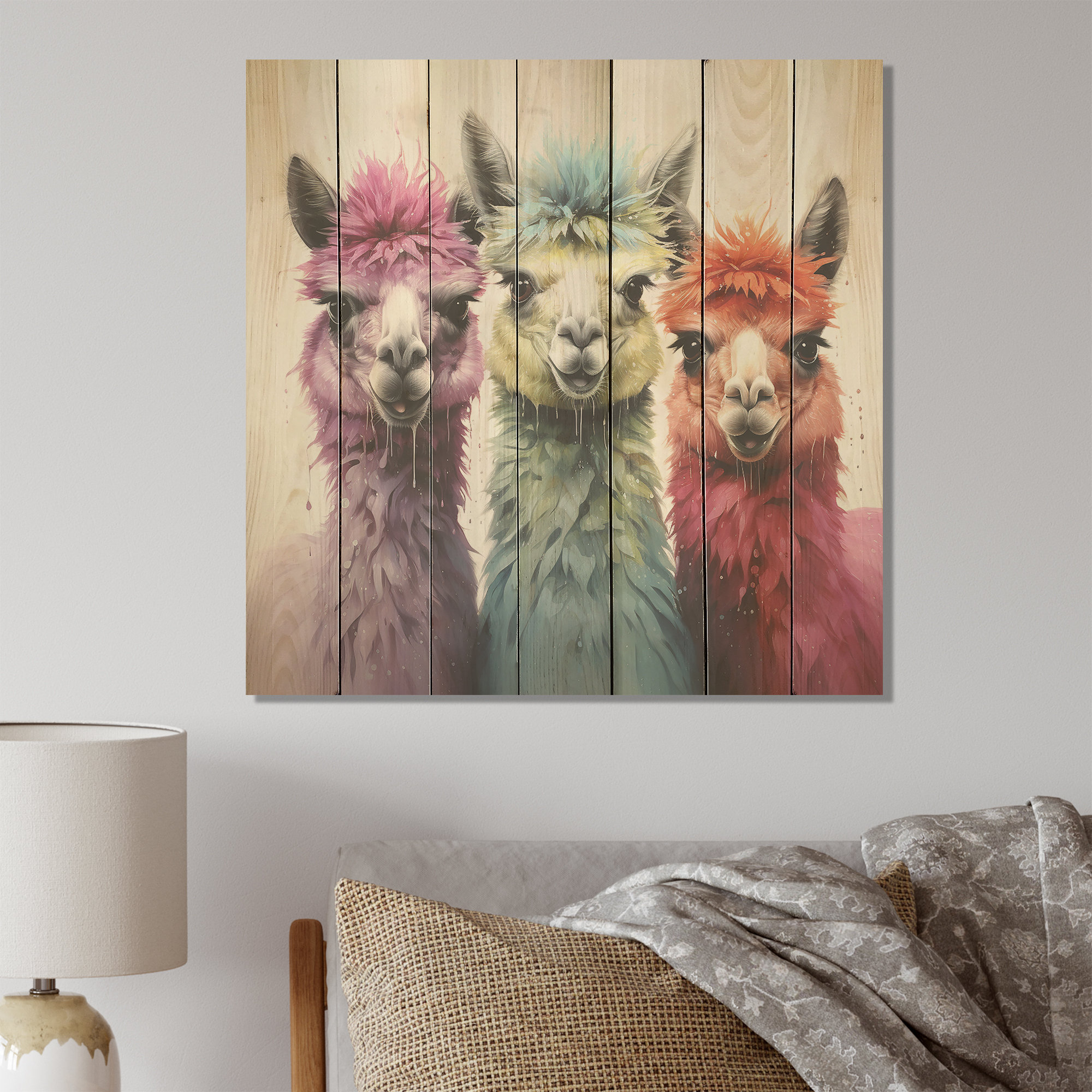 Dakota Fields Cheerful Alpaca Family Portrait III - Parrot On Wood ...