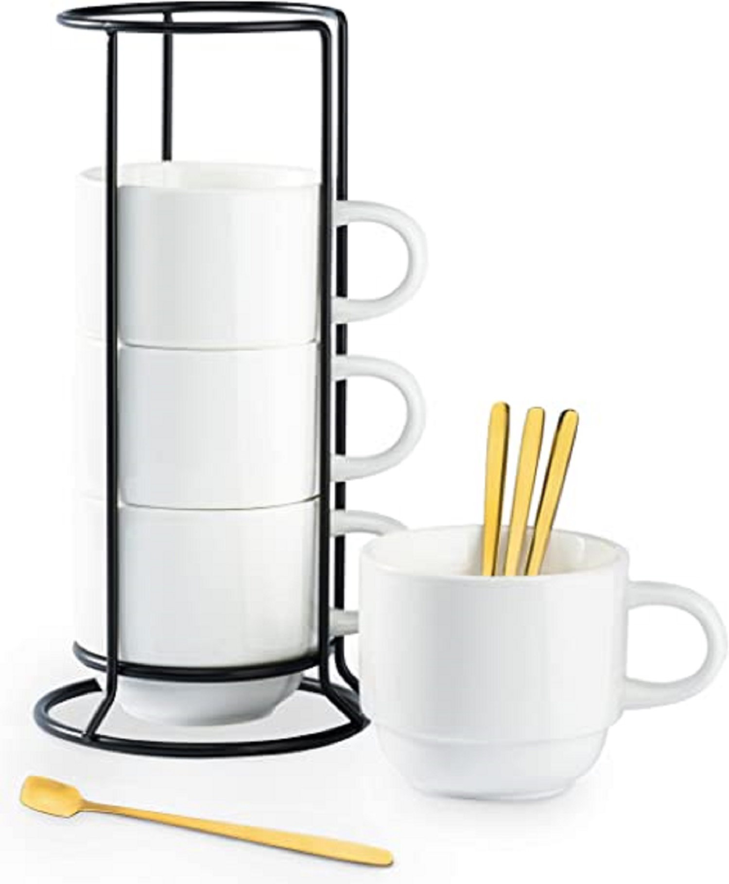 QXXSJ Porcelain Coffee Mug Set With Spoons And Metal Rack, 11 Ounces ...