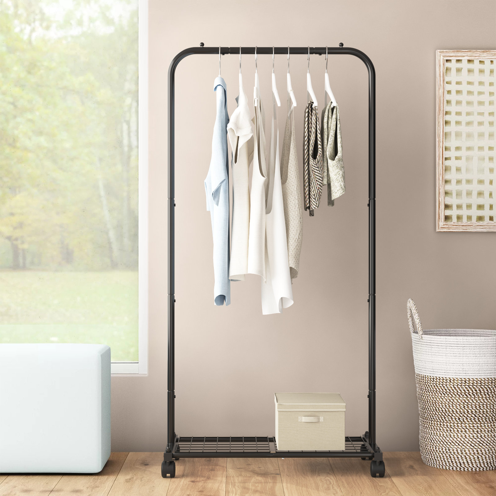 Rebrilliant Rolling Clothes Rack With Mesh Storage, Black & Reviews ...