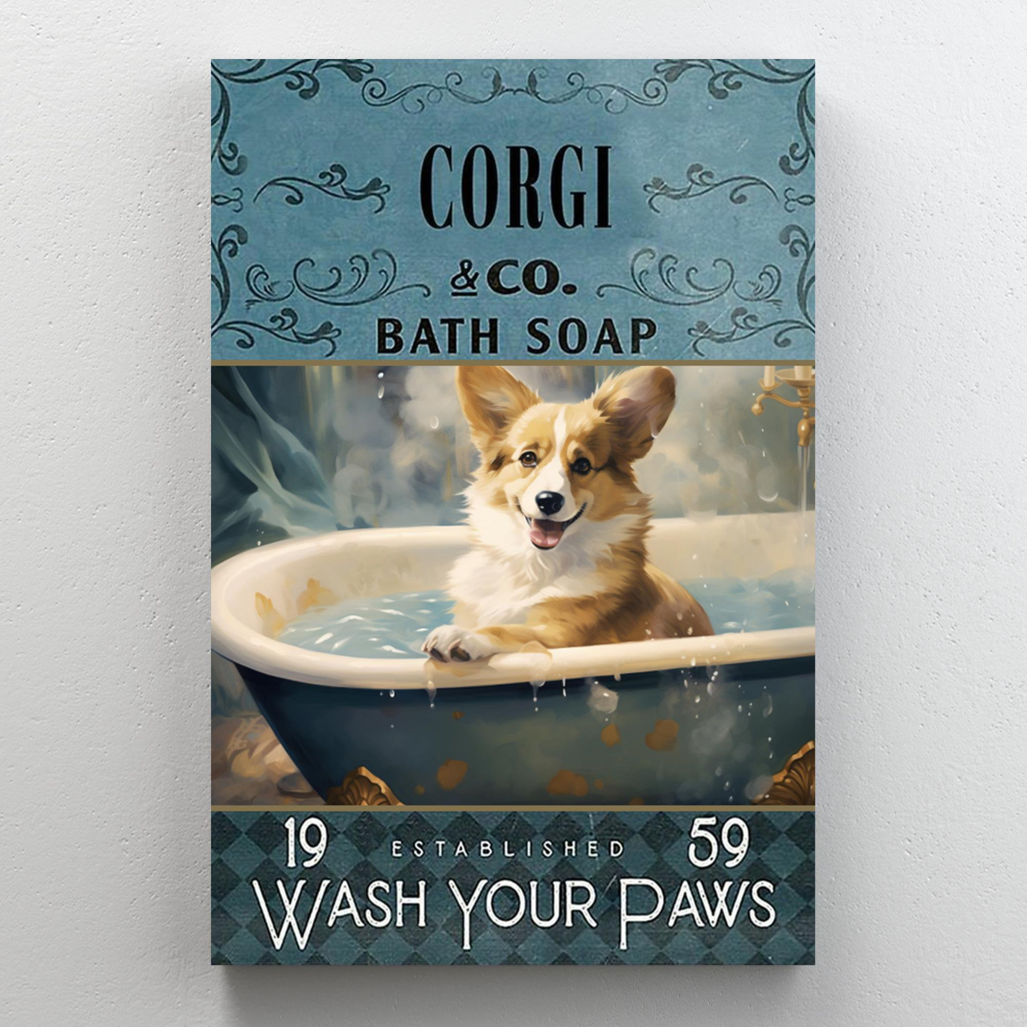 Trinx Adamarie Corgi Bath Soap On Canvas Graphic Art | Wayfair