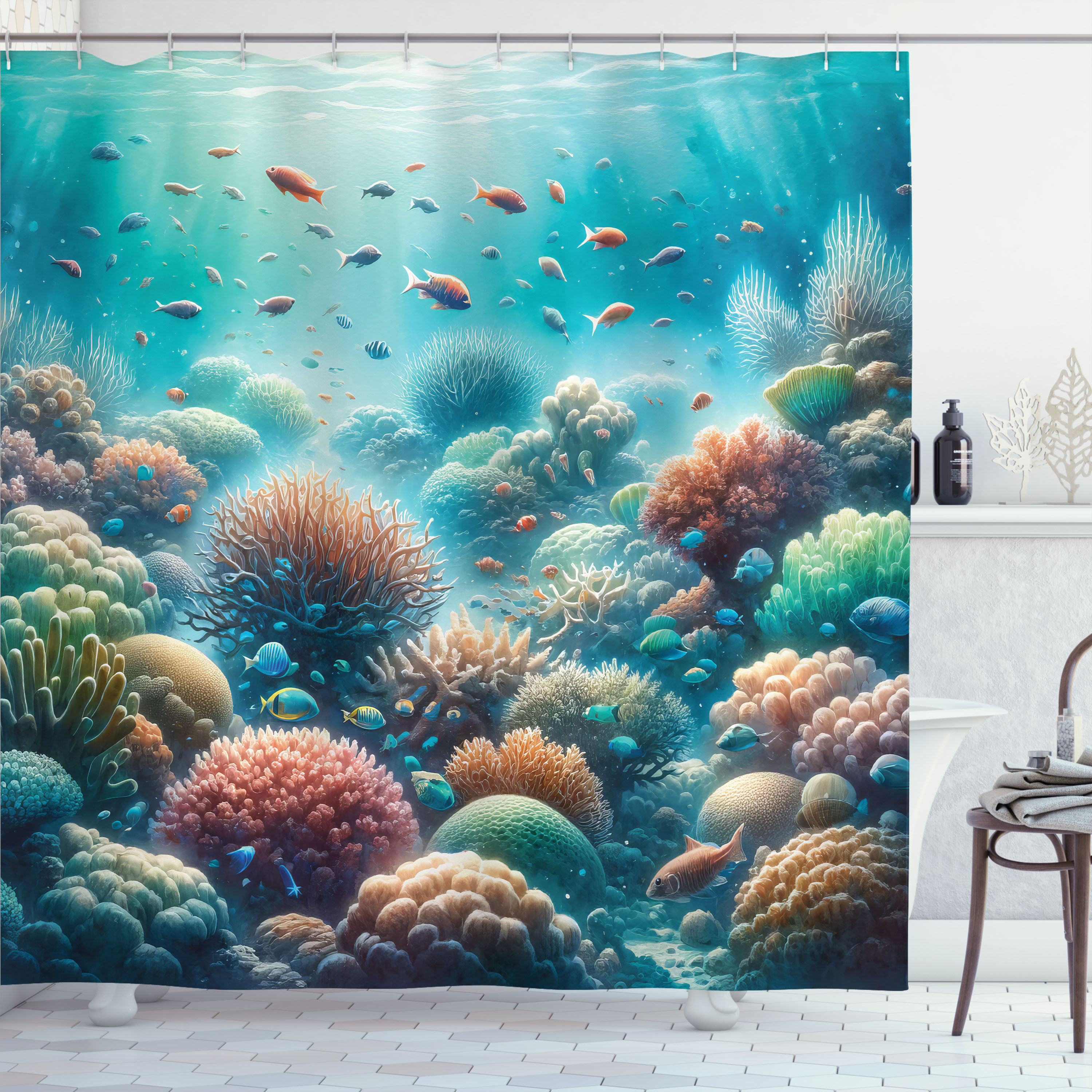 East Urban Home Coastal Shower Curtain Underwater Reef Scene Fish in ...