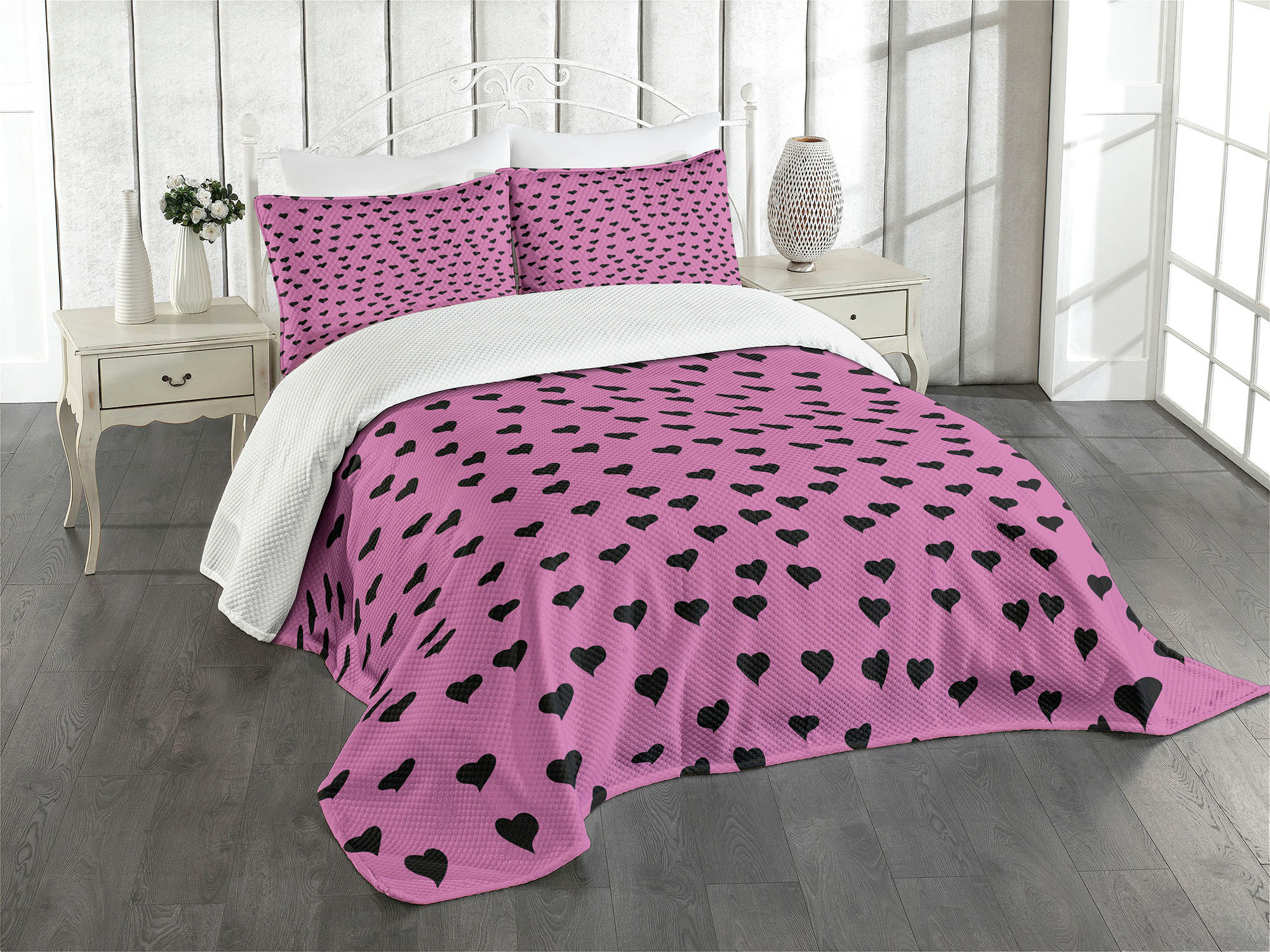 Ambesonne Hot Pink Bedspread Set Black Hearts Romantic Fuchsia Black ...