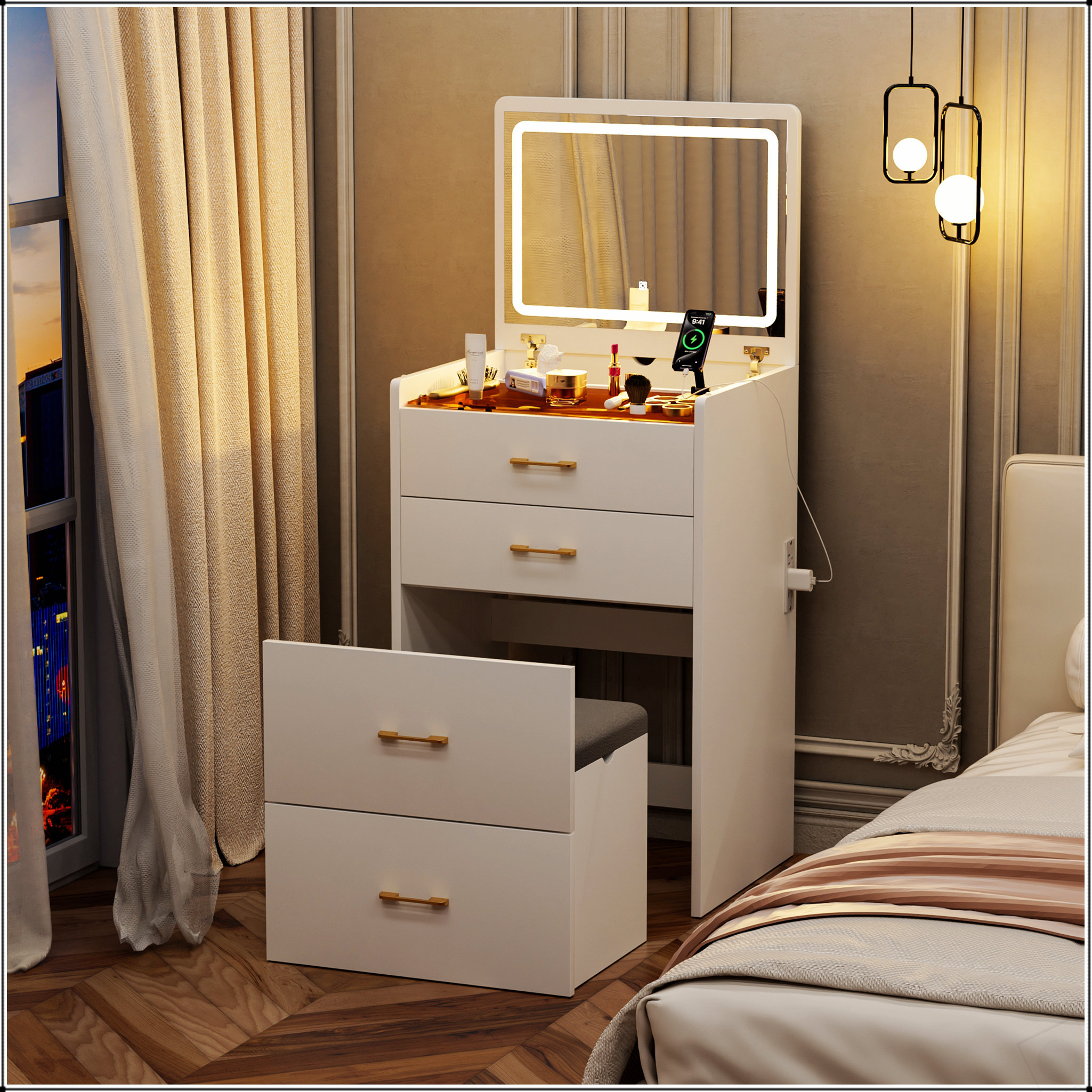 Latitude Run® 3 In 1 Vanity Desk With Open Top Mirror And Glass Desktop ...