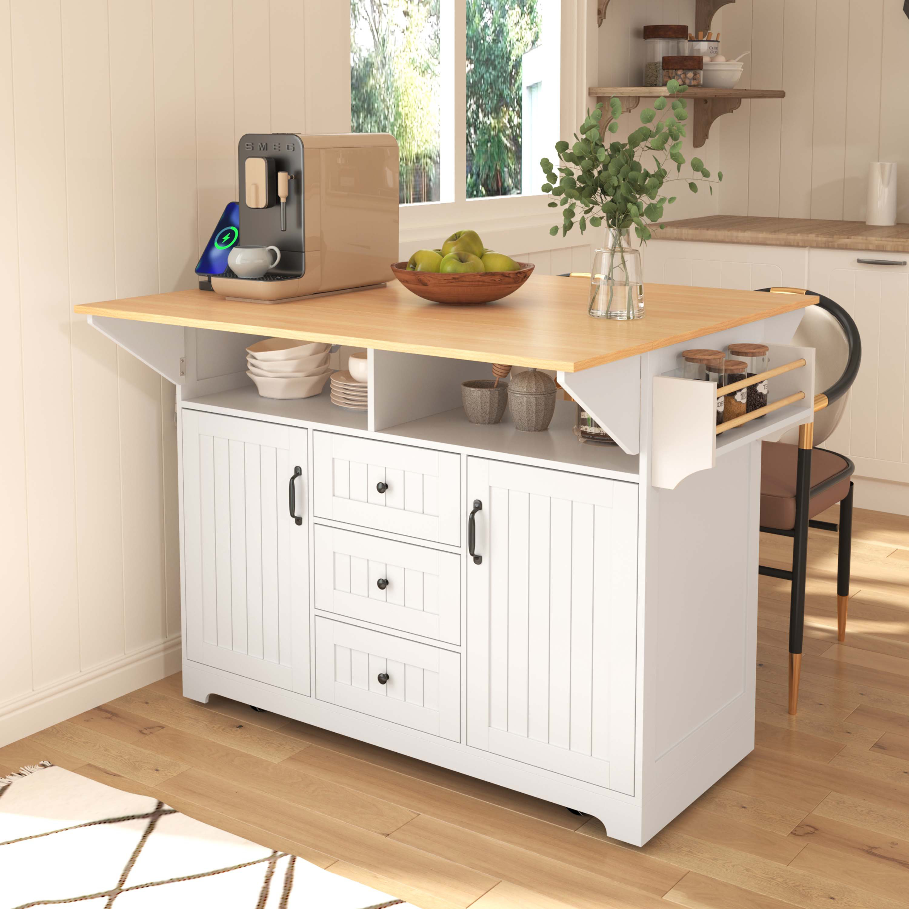 Lark Manor Lockable Rolling Kitchen Island With Drop Leaves, Power Ports, Racks And Drawers ...