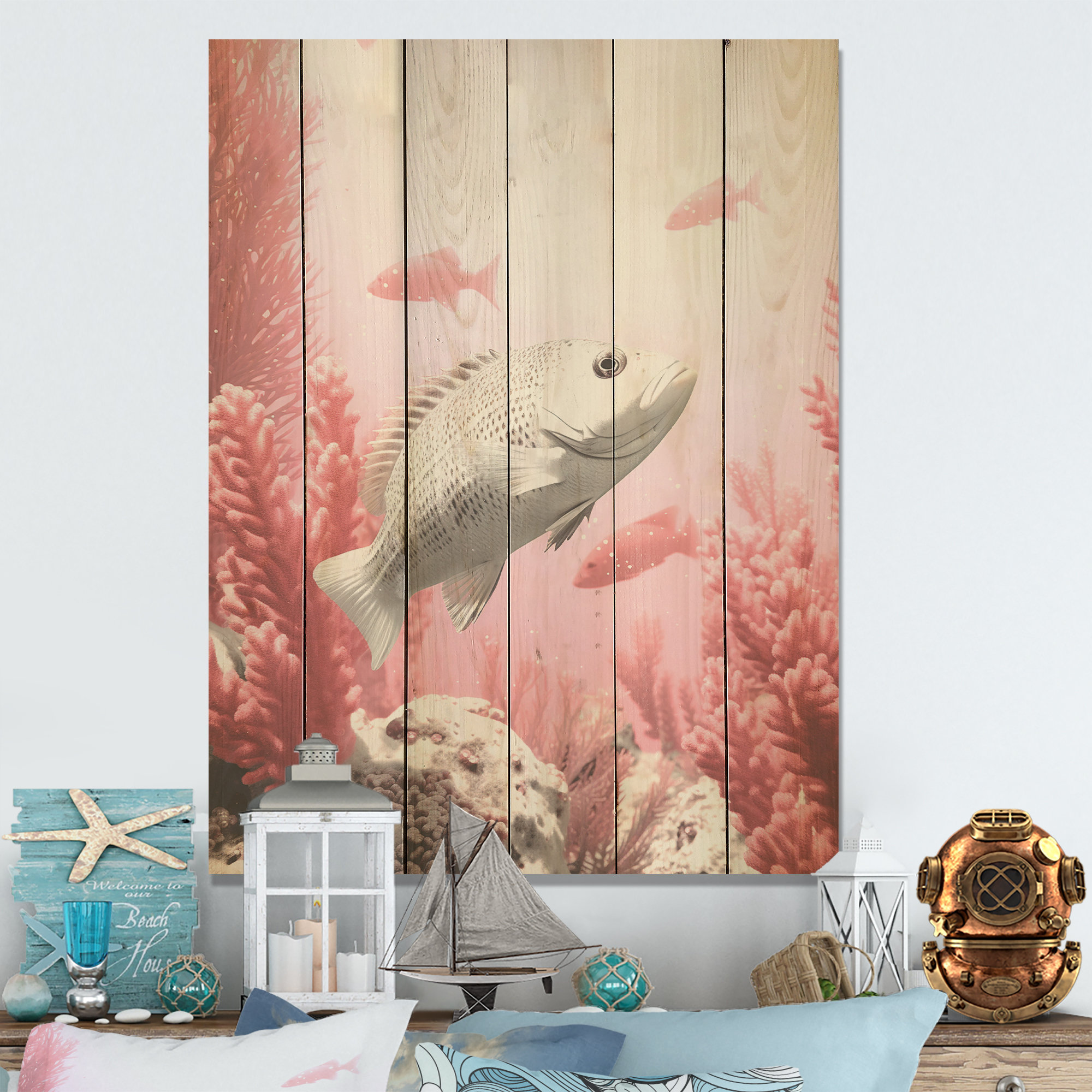 Beachcrest Home™ Monochrome Pink And White Fish Crawl - Coastal Coral ...