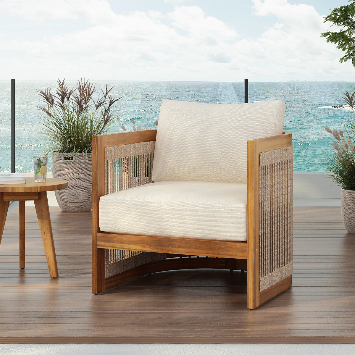 George Oliver Premium Acacia Wood Outdoor Club Chair, Curved Tub Design ...