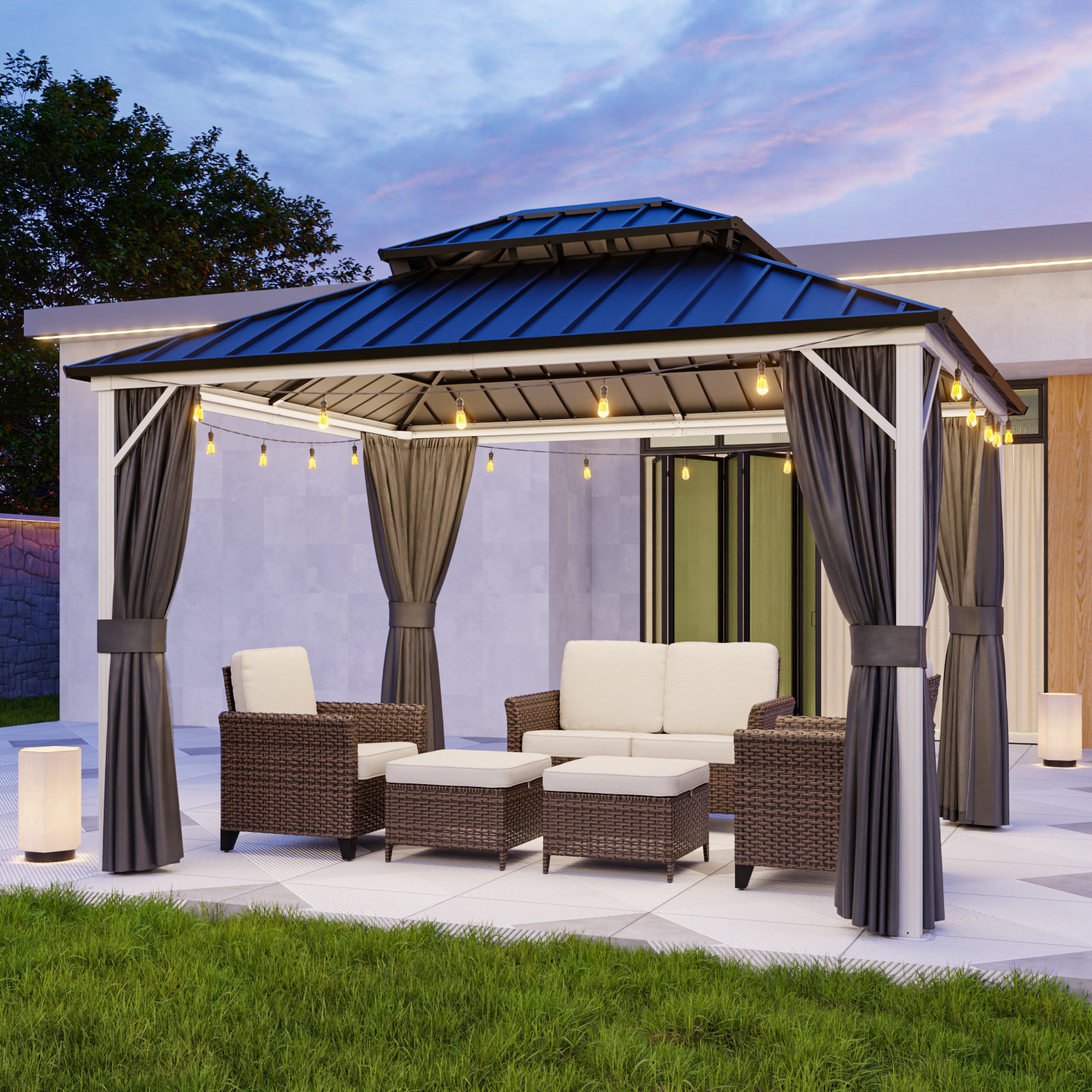 INTER HUT Hardtop Aluminum Gazebo with Double-Layer Steel Roof, Outdoor ...