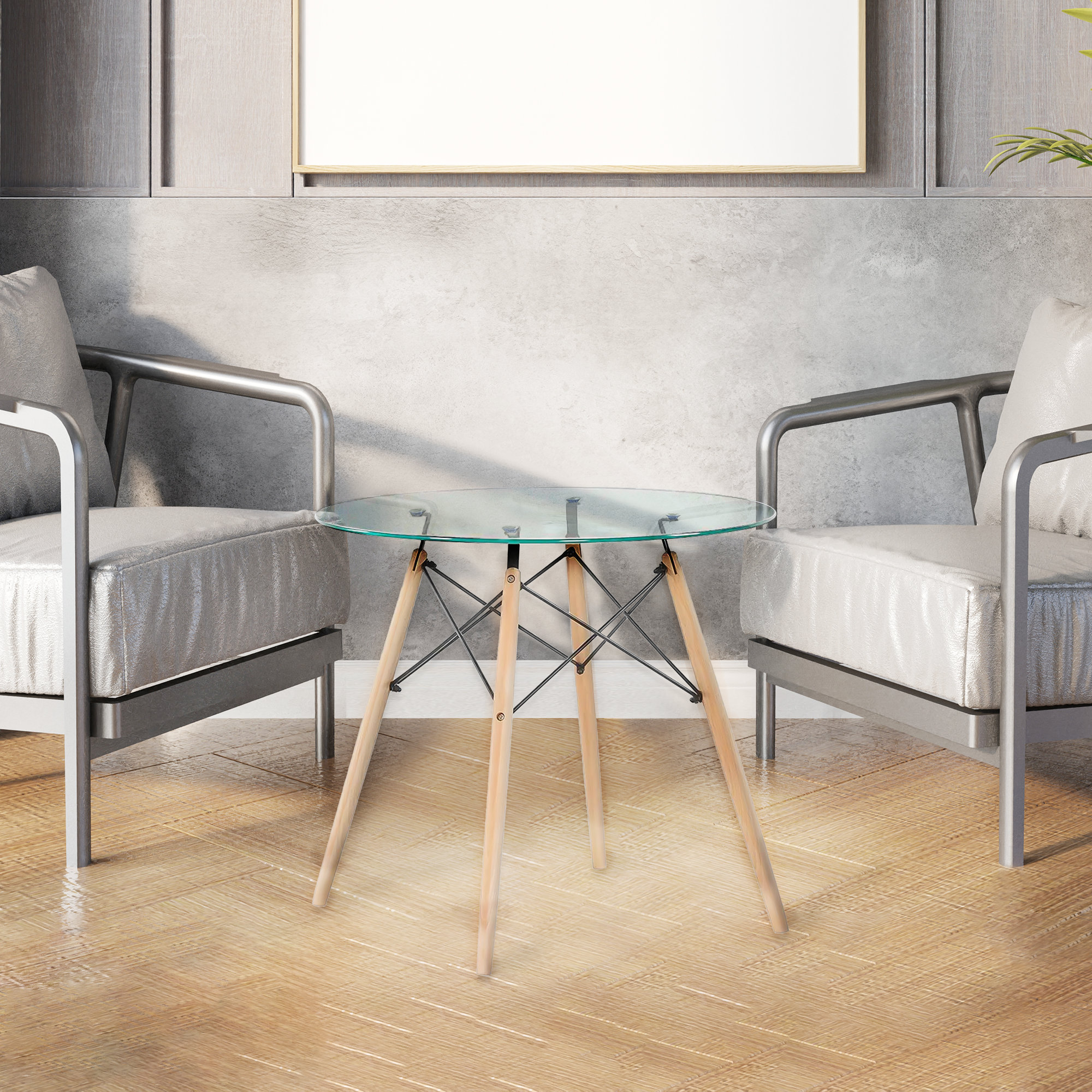 Wrought Studio™ Dining Table Round - Wooden Table Base with Round Glass ...