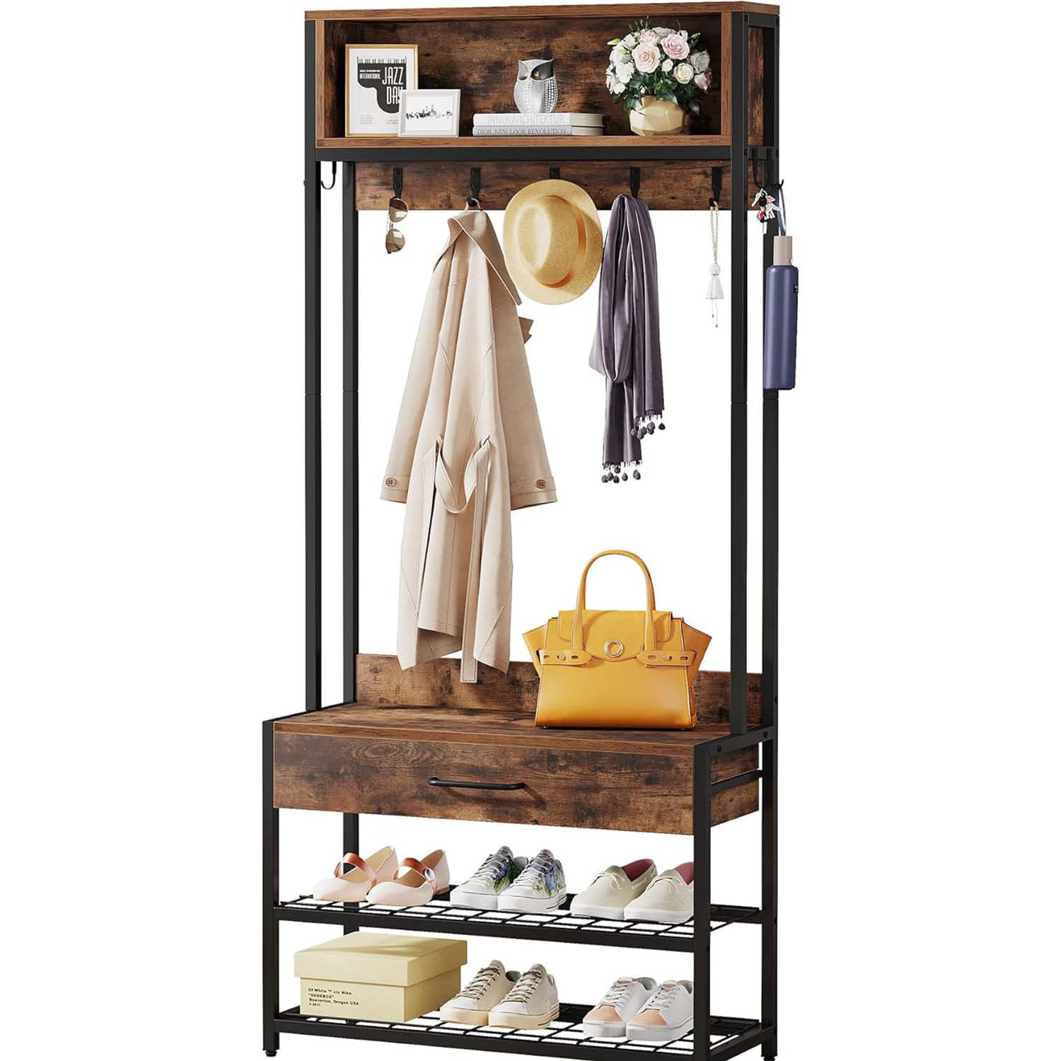 17 Stories 4-In-1 Entryway Hall Tree With Drawer, Industrial Coat Rack ...