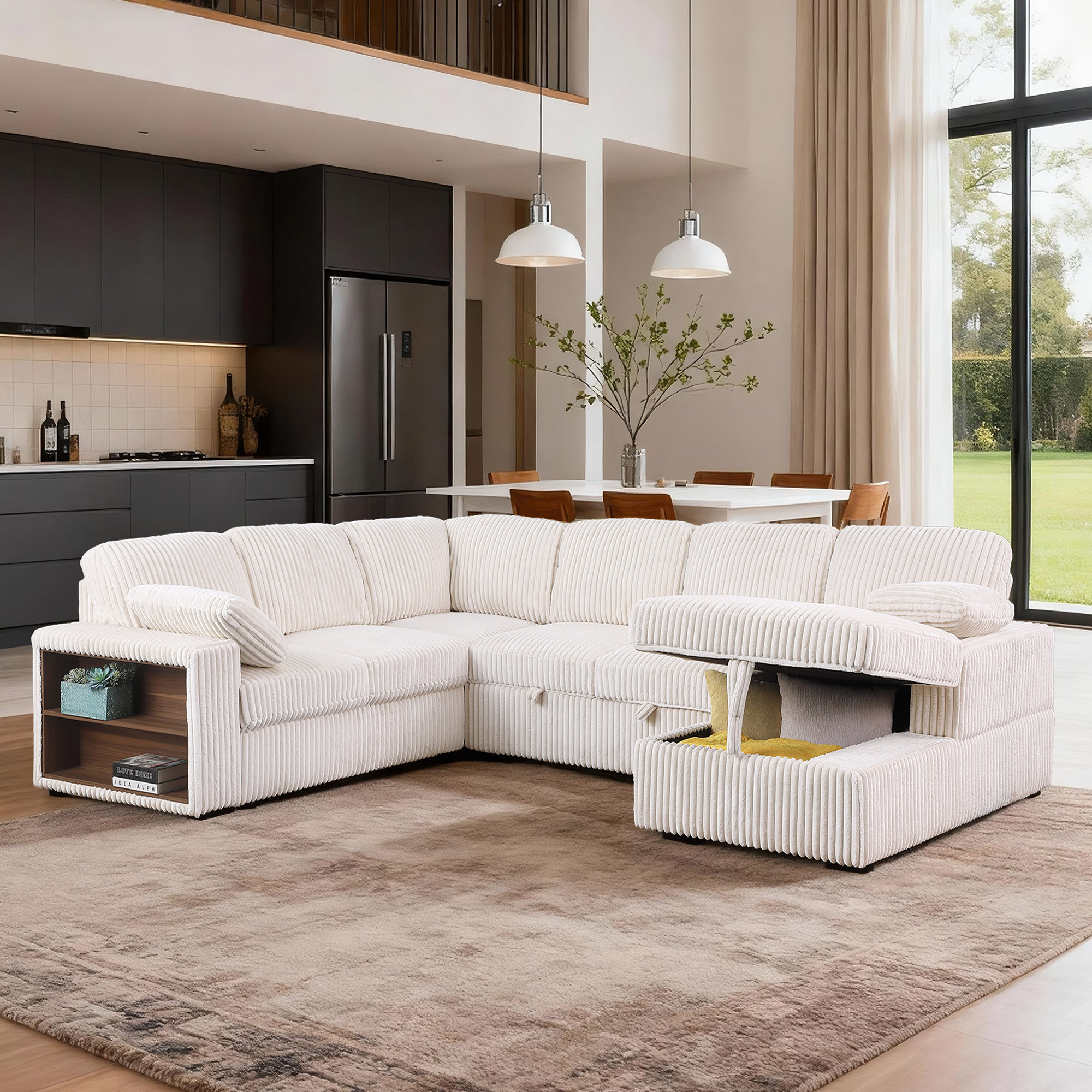 Mercer41 116.5" L-Shaped Corduroy Convertible Pull-Out Sofa Bed with ...