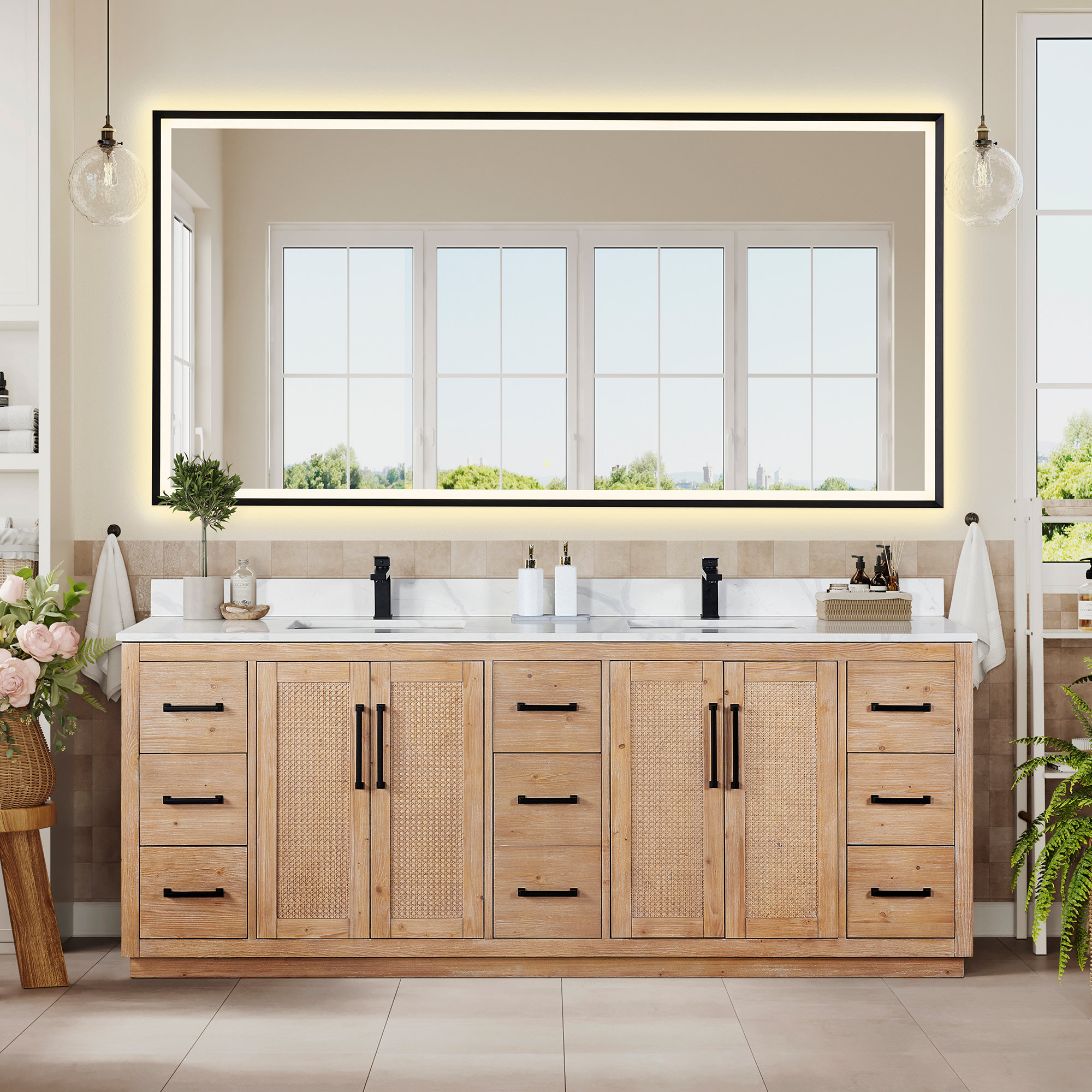 Bayou Breeze Deach 84" Double Bathroom Vanity with Calacatta White ...