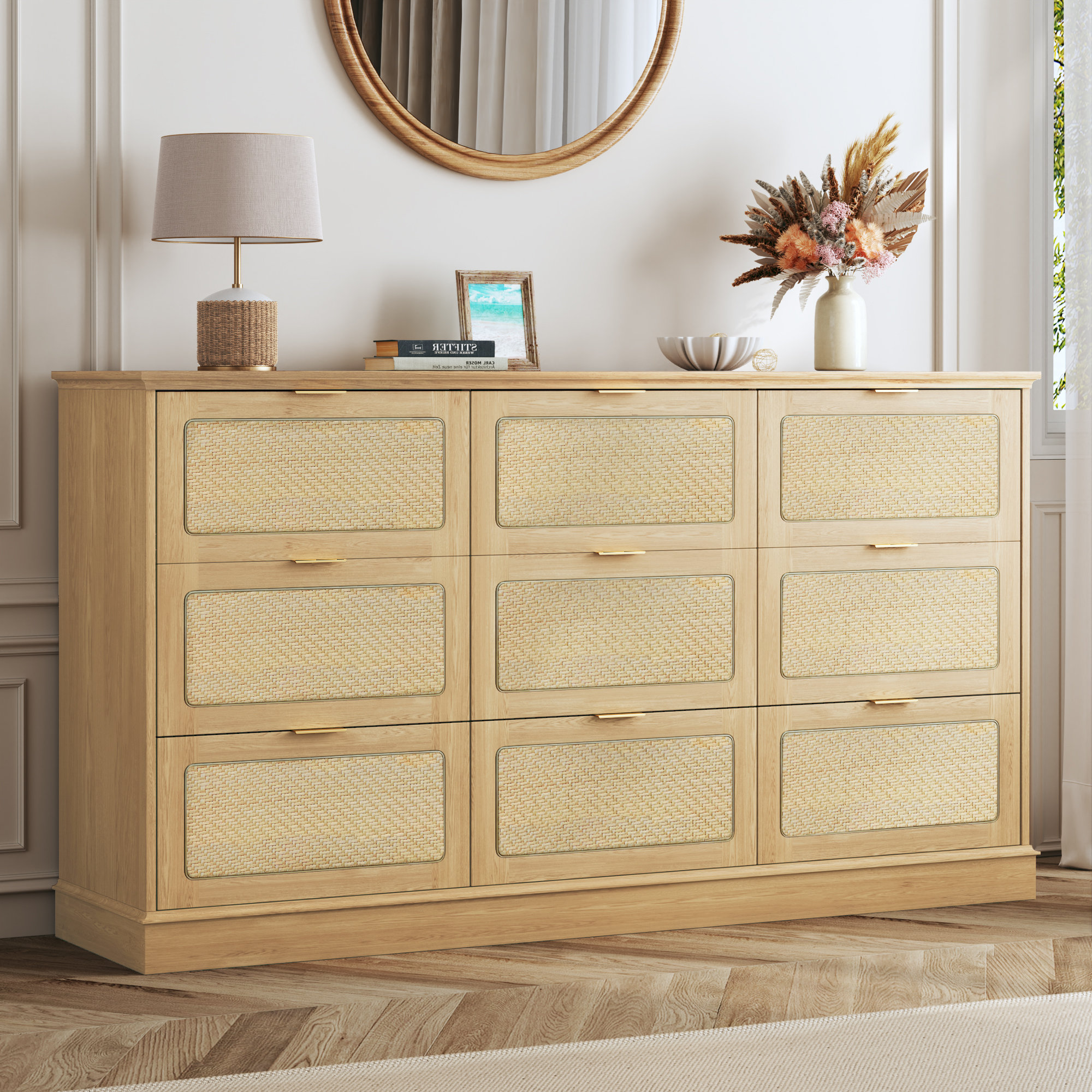 Bay Isle Home™ 9-Drawer Boho Wood Chest Of Drawer 60" Wide Rattan Style ...