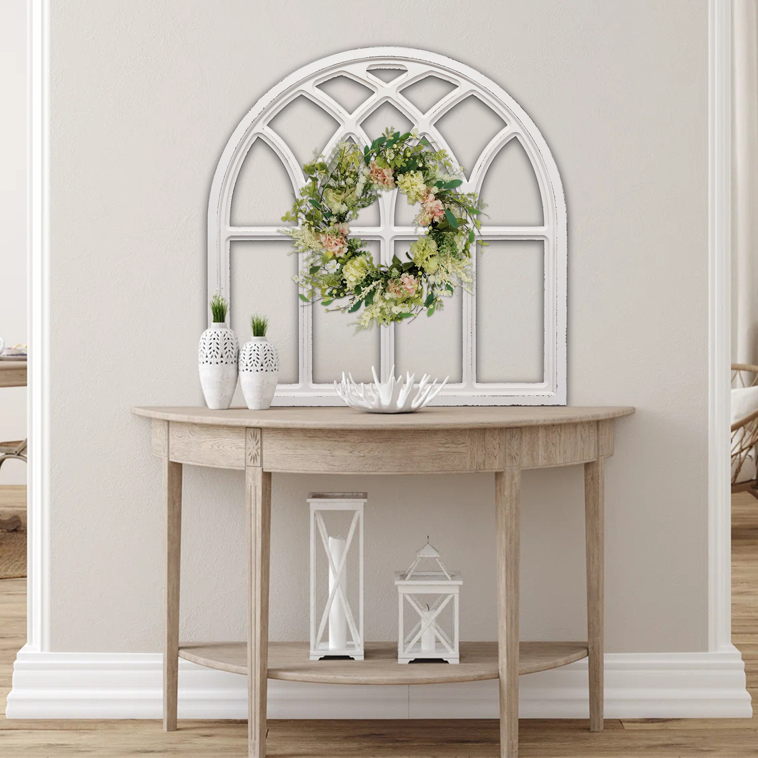 August Grove 32 Inch Distressed White Wood Arched Window Frame Wall ...