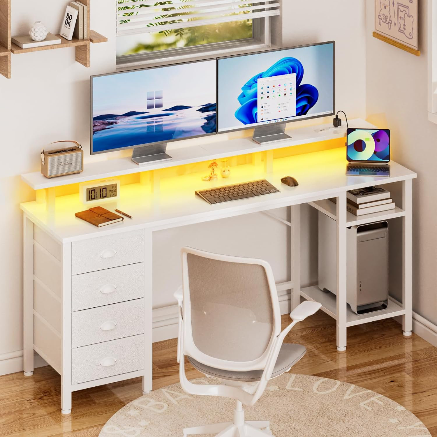 Ivy Bronx 61 Inch Desk With Power Outlets And LED Lights Computer Desk ...