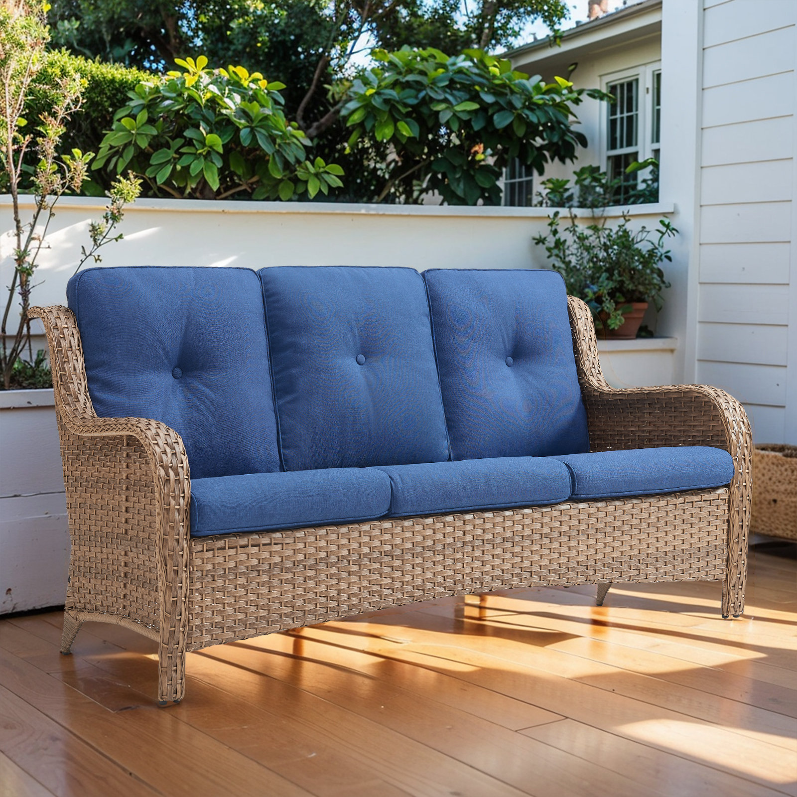 Hummuh Carolina 75" Wide Outdoor Wicker Patio Sofa with Cushions ...