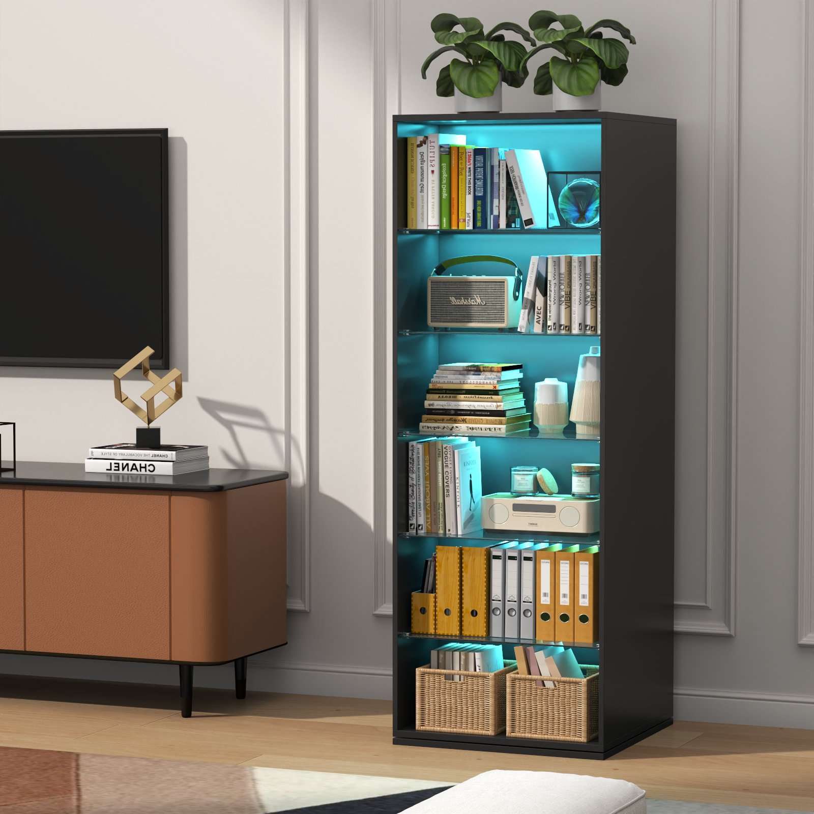 Ivy Bronx Rotating Bookshelf with Induction Light, 6 Tier 360 ...