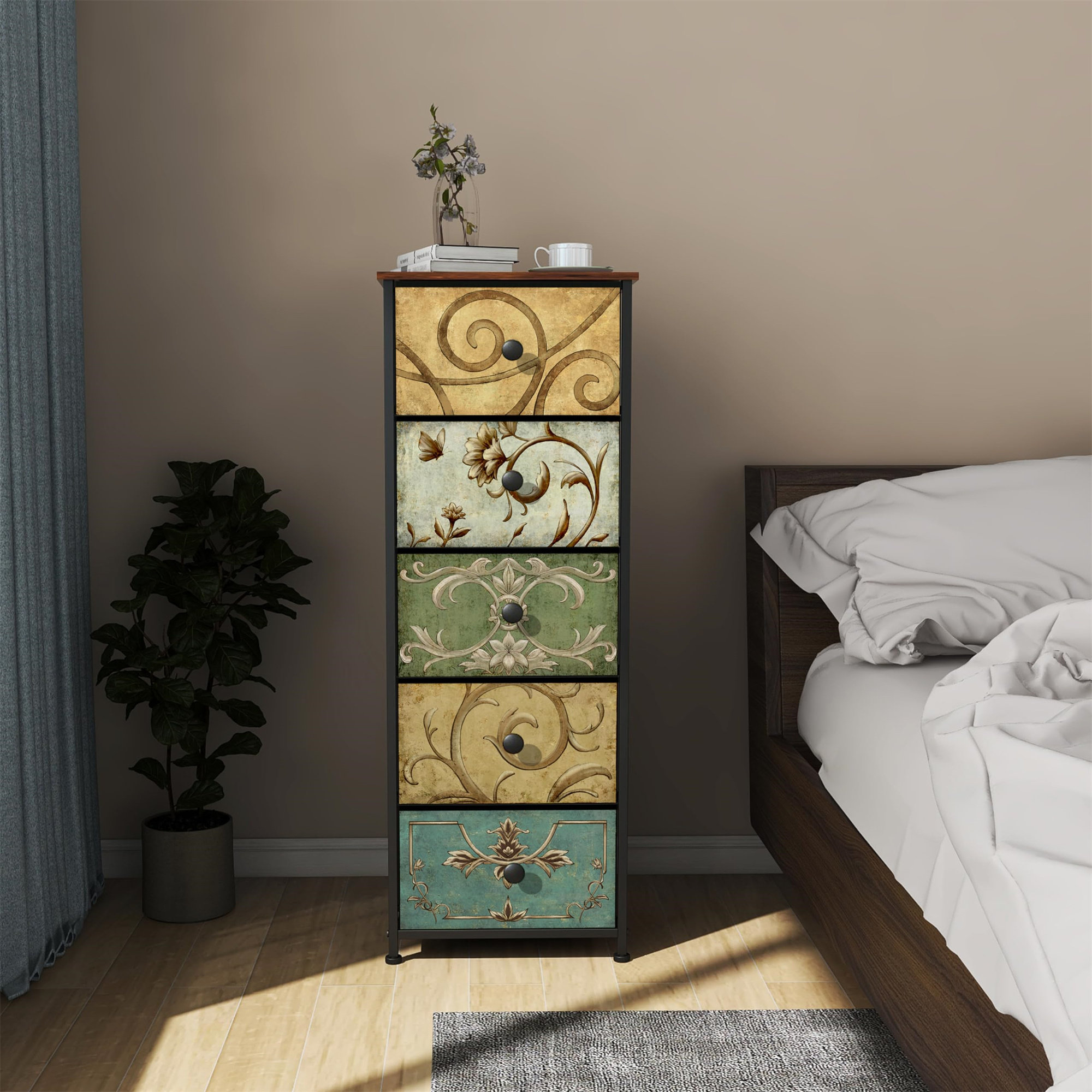 Narrow Tall Chest Of Drawers 5 Fabric Drawer Dresser For Bedroom Slim Storage Tower Organizer Unit For Living Room Bedroom Closet Entryway Wood Board