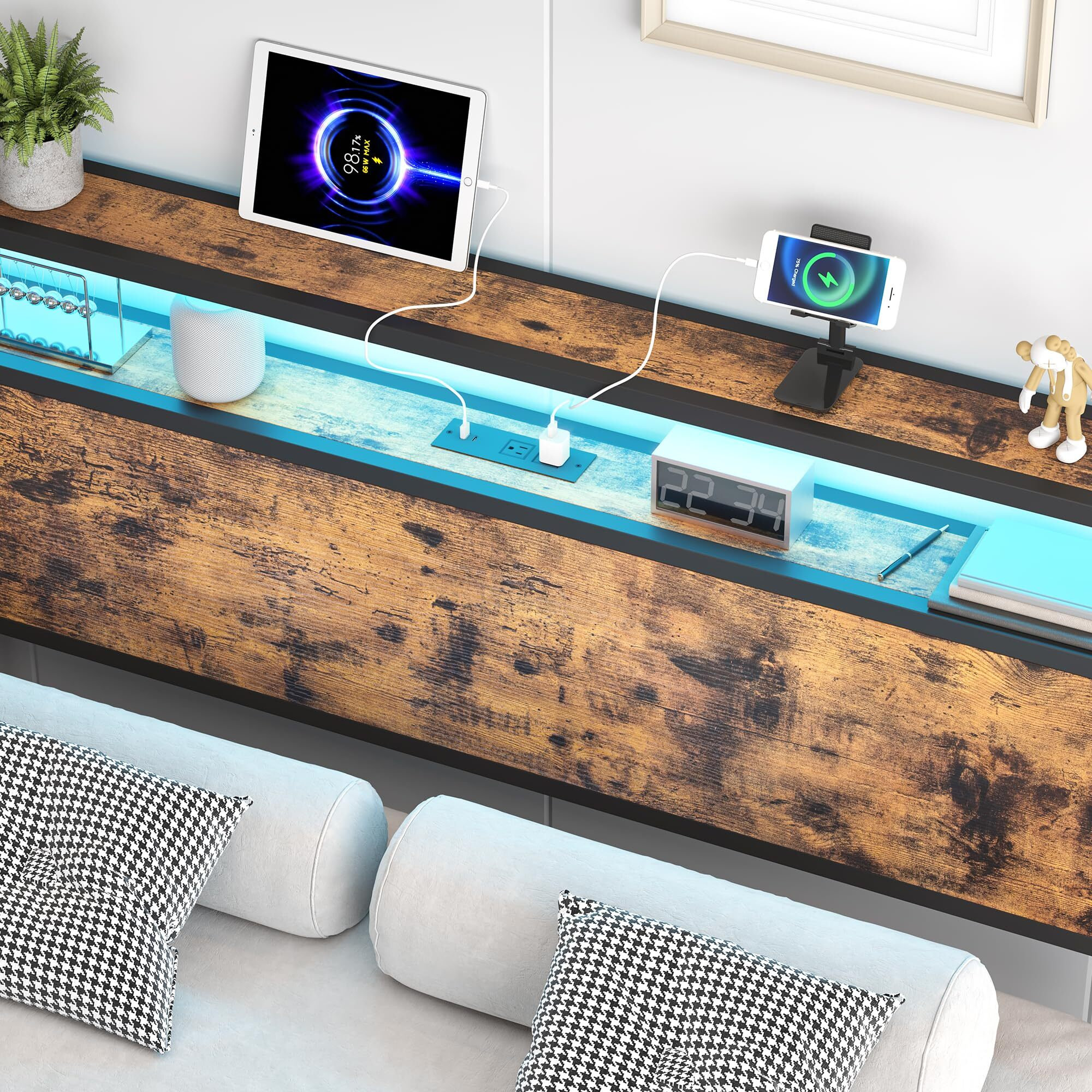 Wrought Studio Storage Headboard With LED Lights & Charging Ports ...