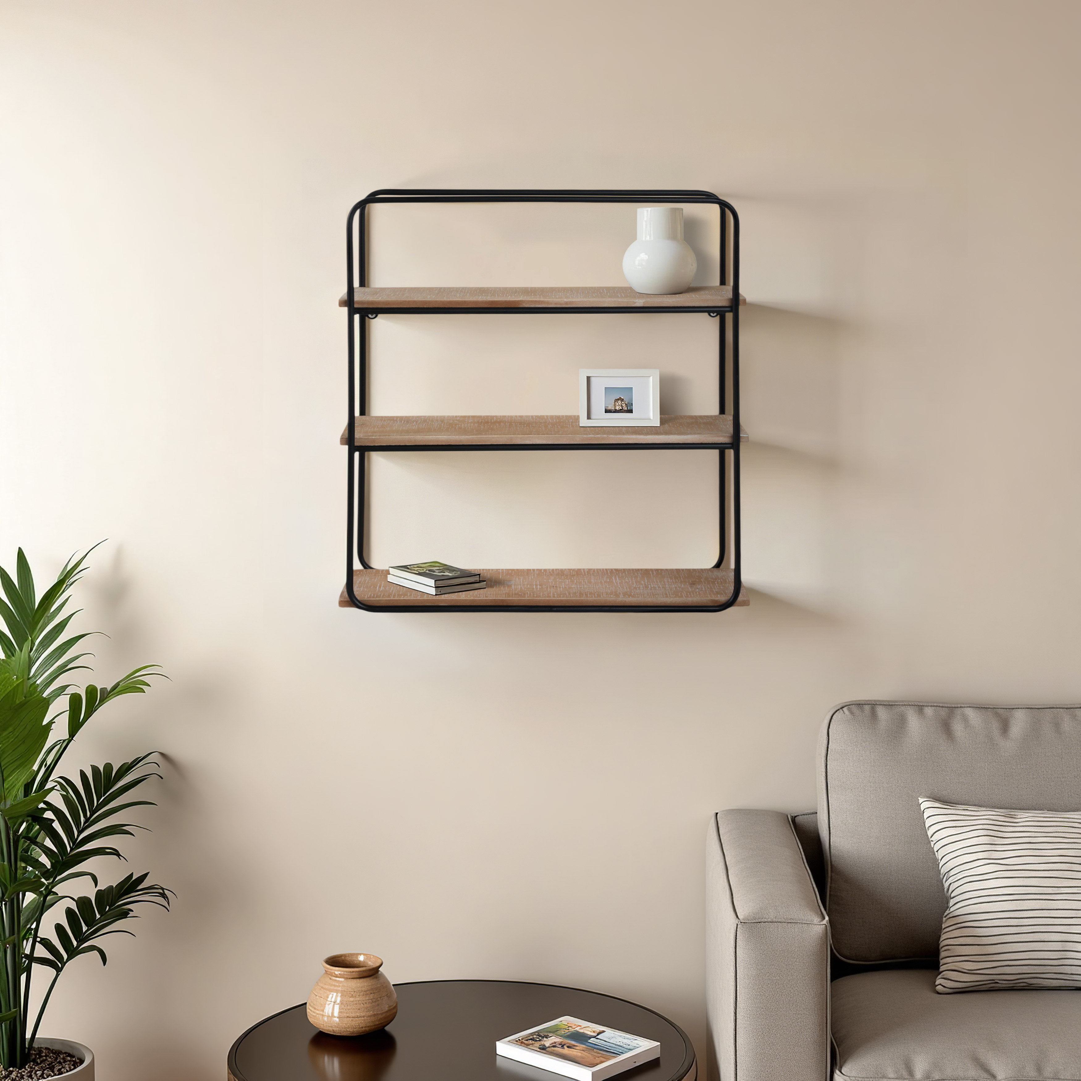 Rebrilliant Armour Metal and Wood Wall Storage Unit with 3 Open Shelves ...