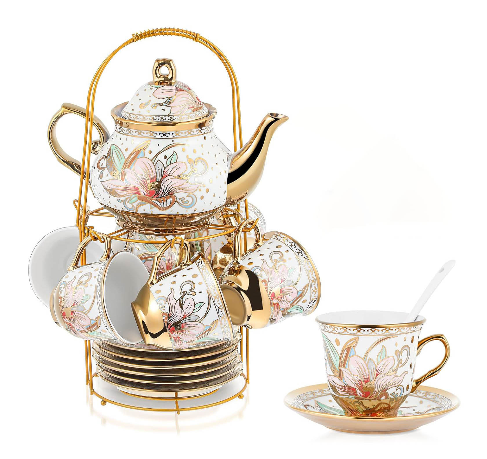 Bloomsbury Market Porcelain Tea Set With Metal Holder And Spoon Ceramic ...