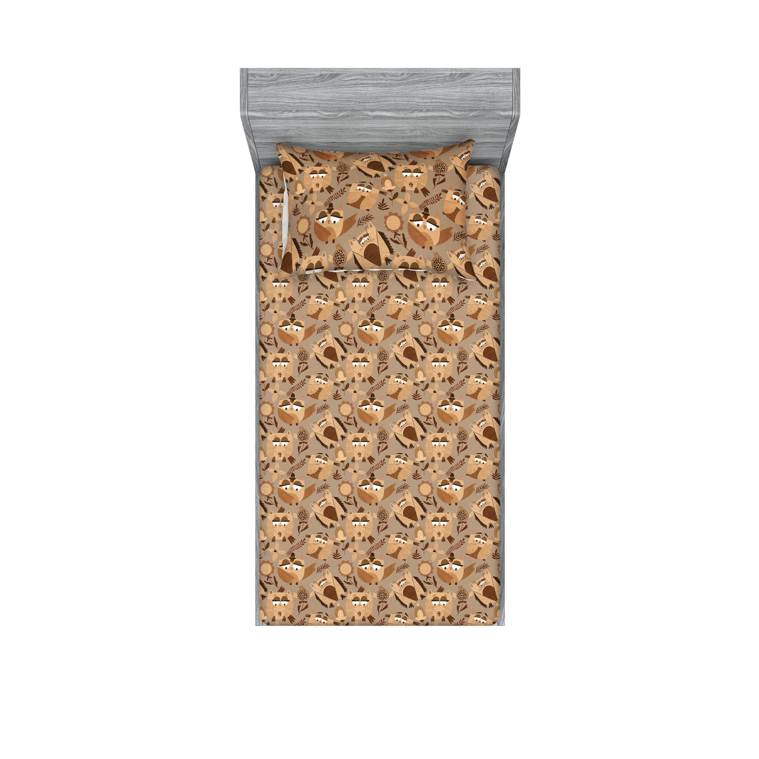 Ambesonne Fitted Sheet & Sham Cartoon Nocturnal Bird Night Pastel Brown ...