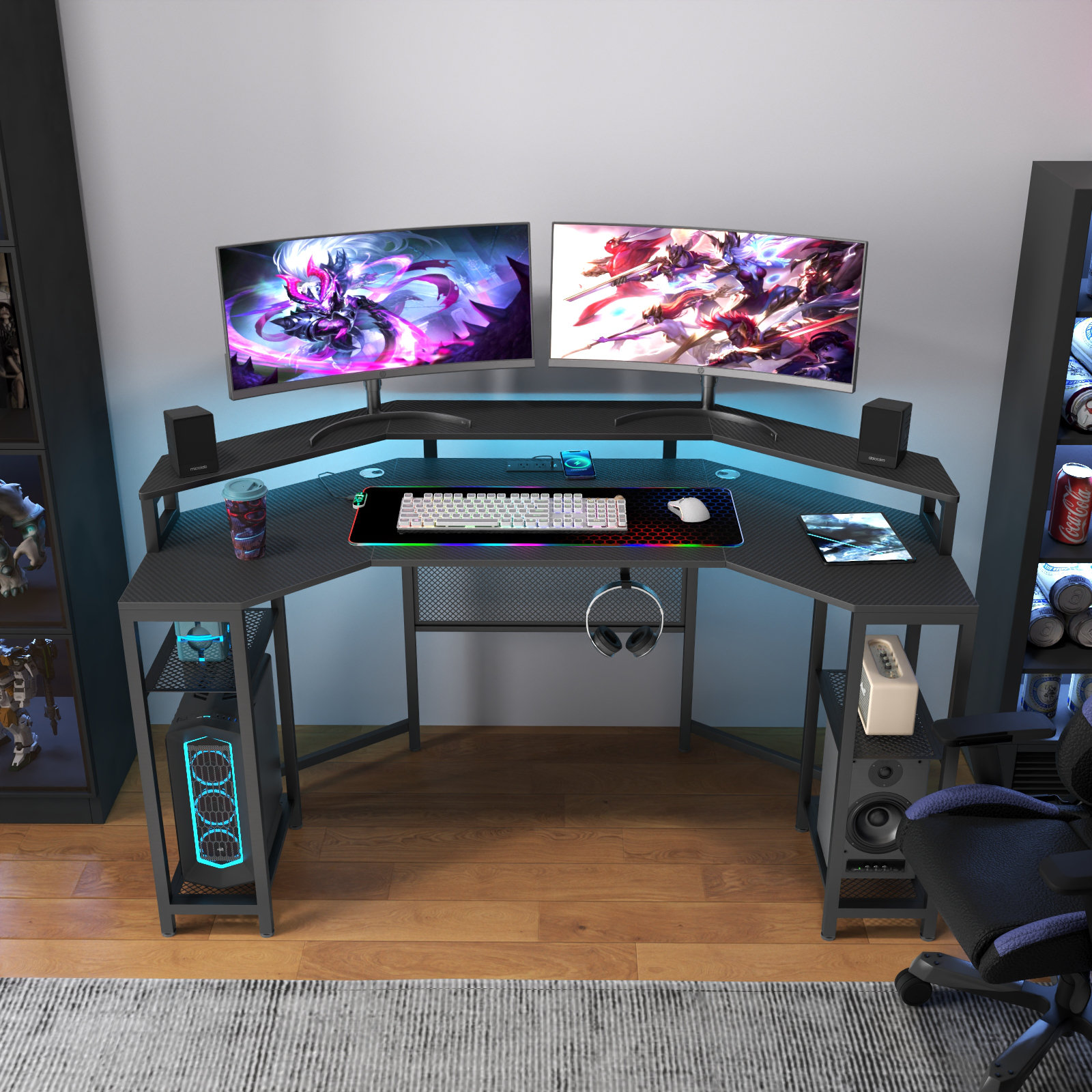 Inbox Zero Maurece 63" Gaming Desk, L Shaped Computer Desk with Storage ...