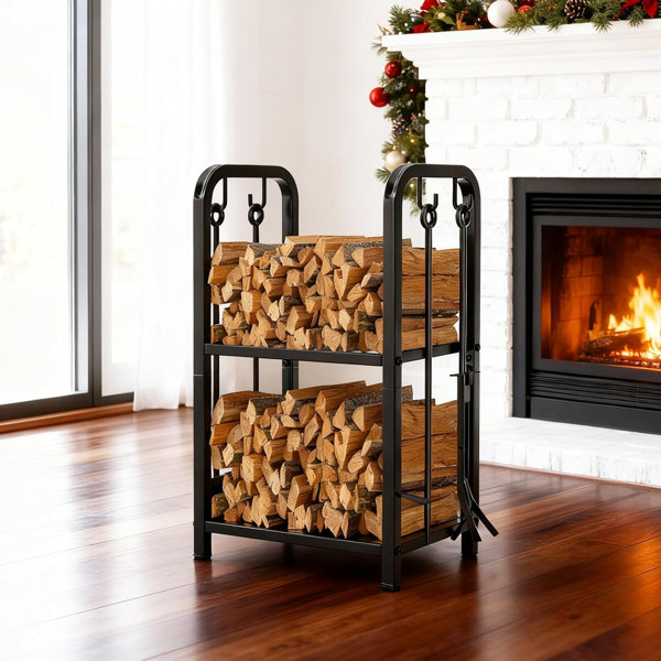 17 Stories Black Heavy Duty Steel 2-Tier Indoor Firewood Rack with 4 ...