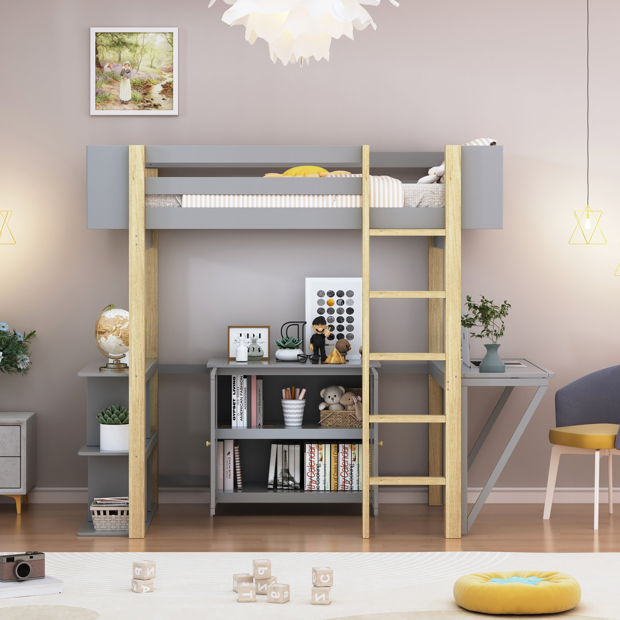 Harriet Bee Wood Loft Bed With Built-in Storage Cabinet and Cubes ...