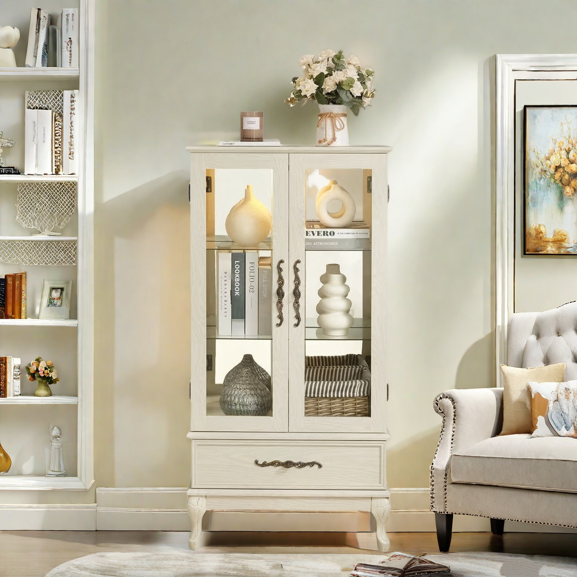 Charlton Home Lighted Glass Display Cabinet With 2 Glass Doors ...