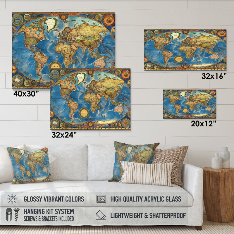 Charlton Home® Vintage World Map II - World Map Acrylic Wall Art Decor ...