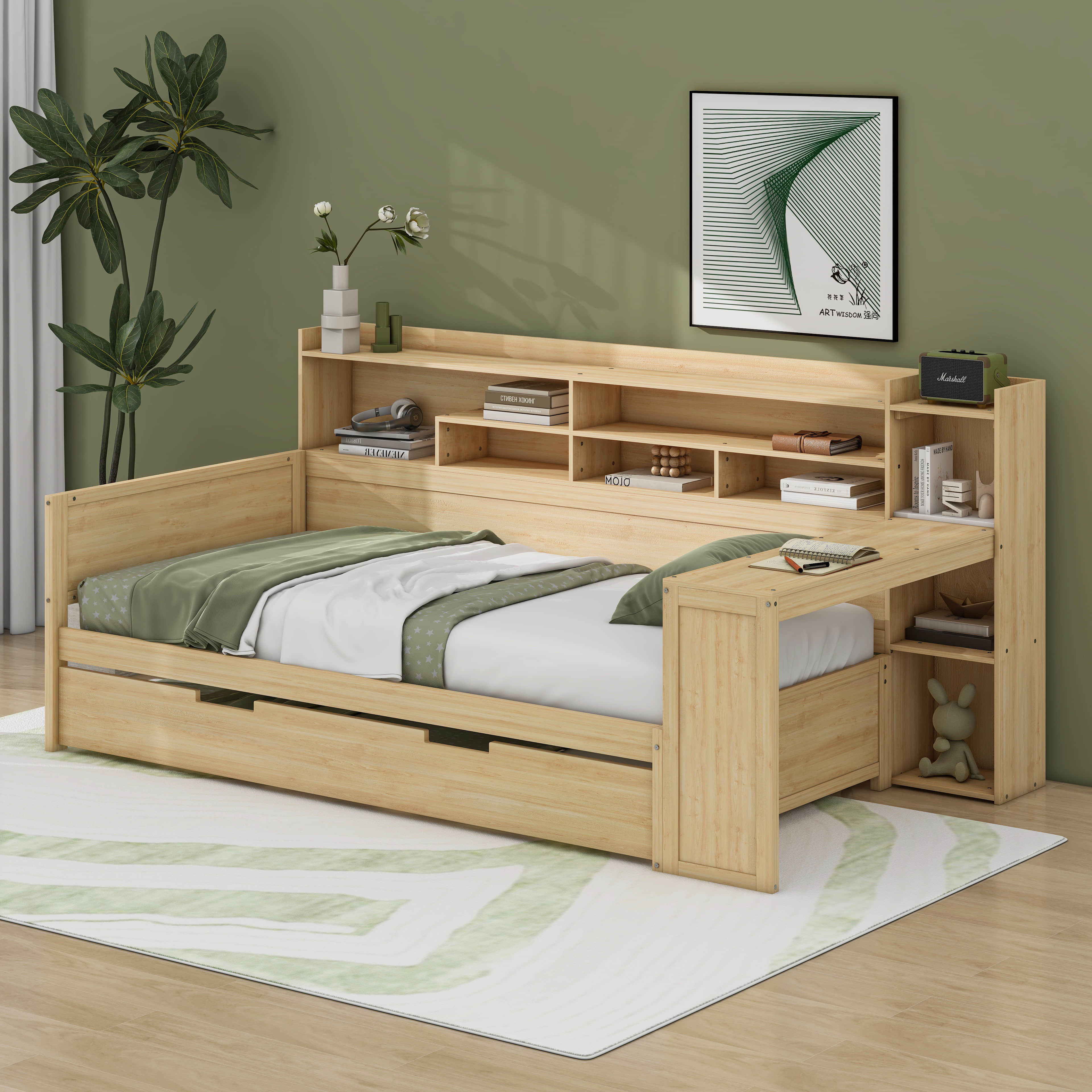 Lark Manor Wooden Full Size Daybed With Storage Shelves And Study Desk ...