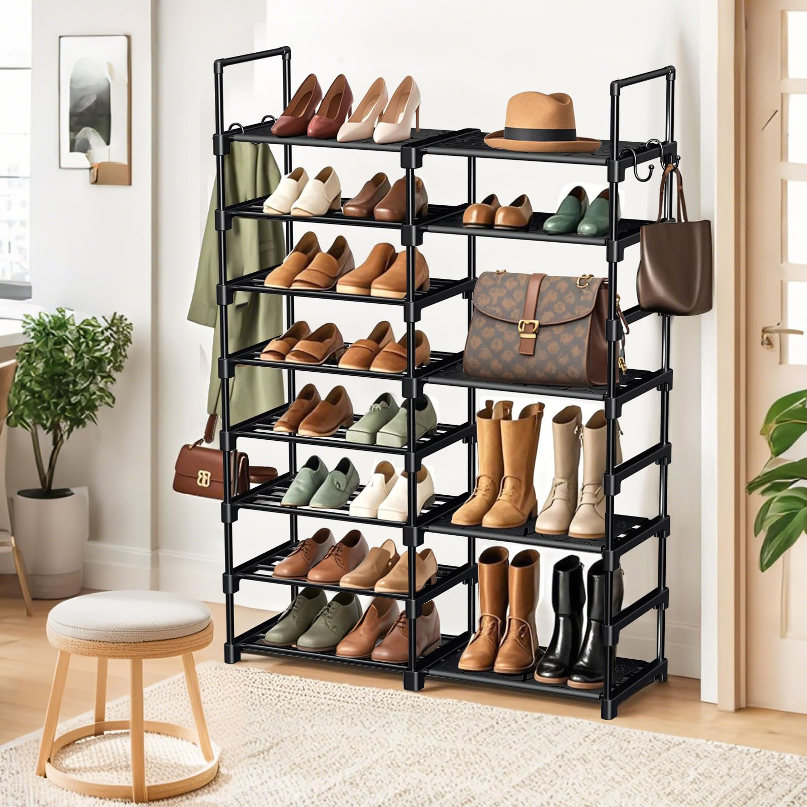 Latitude Run® Shoe Rack Organizer, Shoe Storage Cabinet With 15 Hooks 8 ...