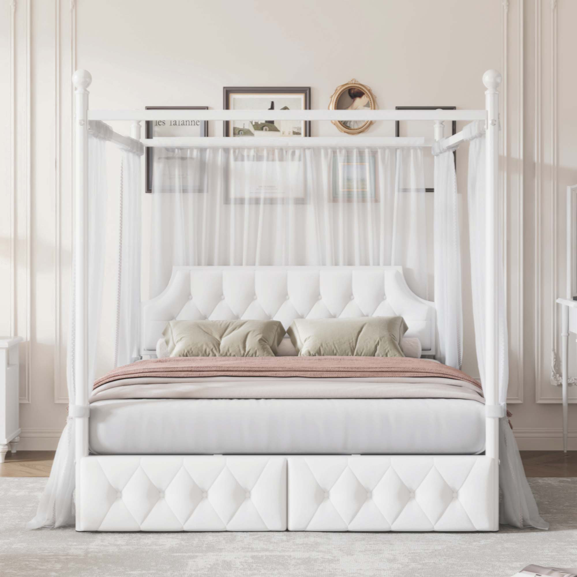 Lark Manor™ Kerrick White Metal Canopy Platform Bed with Upholstered ...