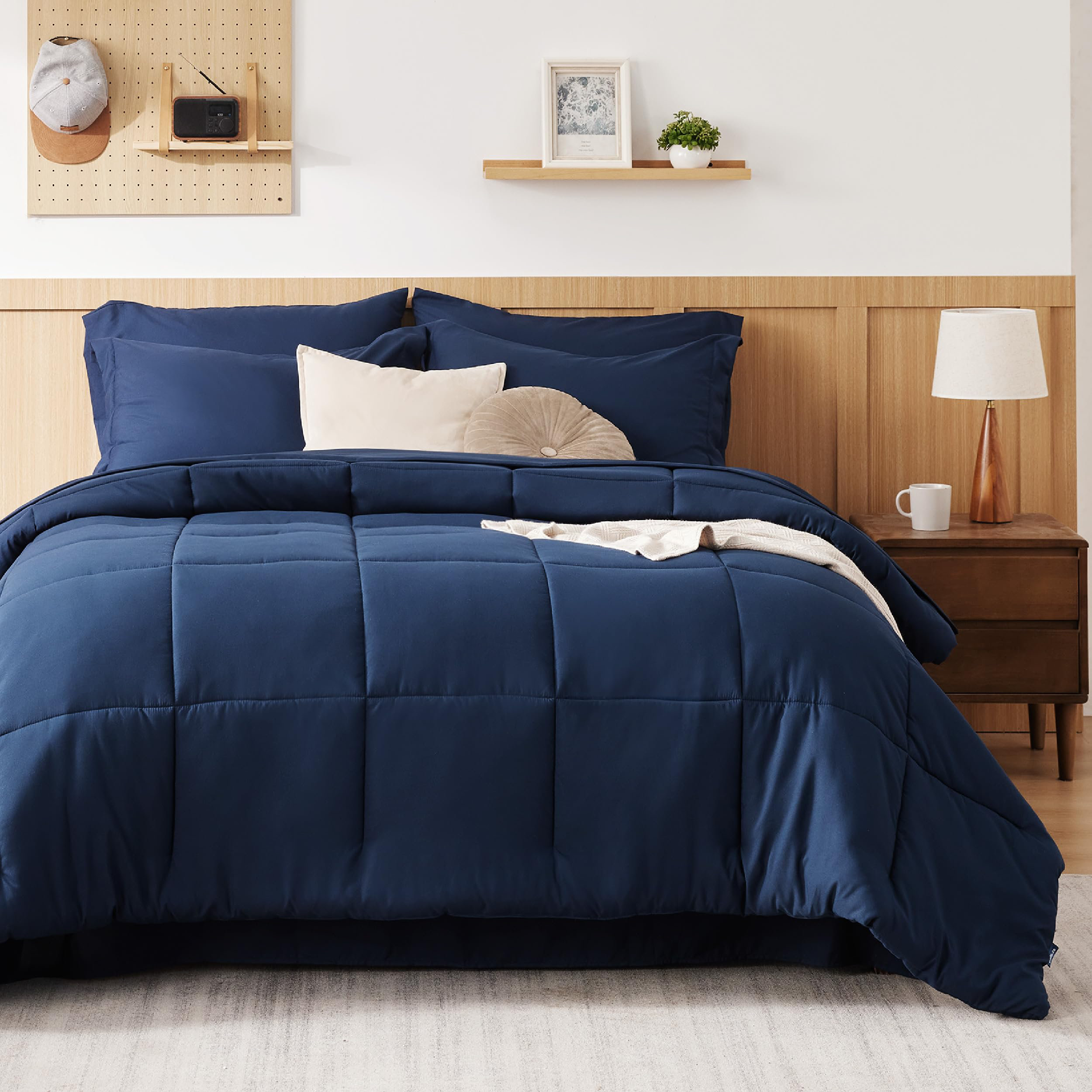 Bedsure Navy Comforter Set Queen - 7 Pieces Solid Bed in a Bag - 89GSM ...