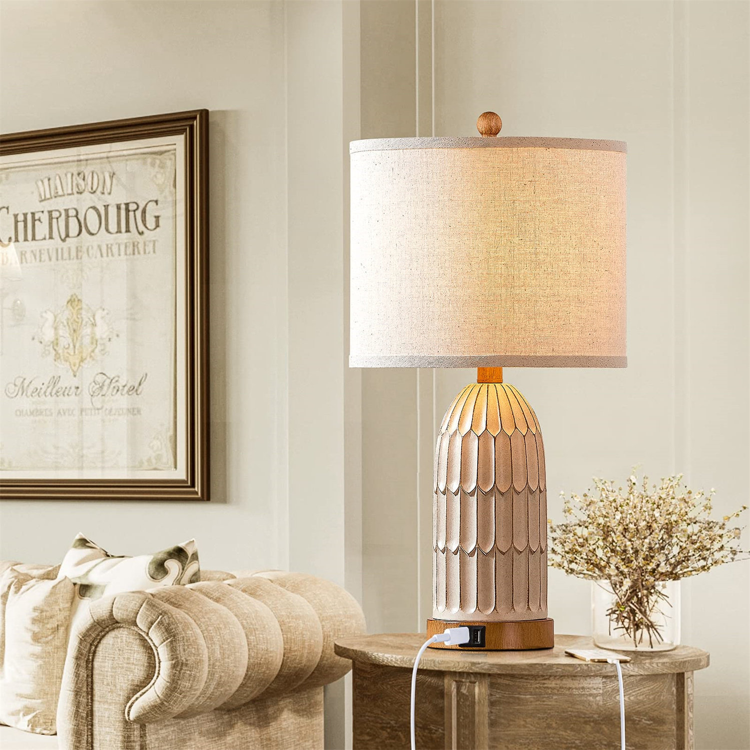 Latitude Run® Bohemian Cream Table Lamps - 3-Way Dimmable, 2 USB Ports ...