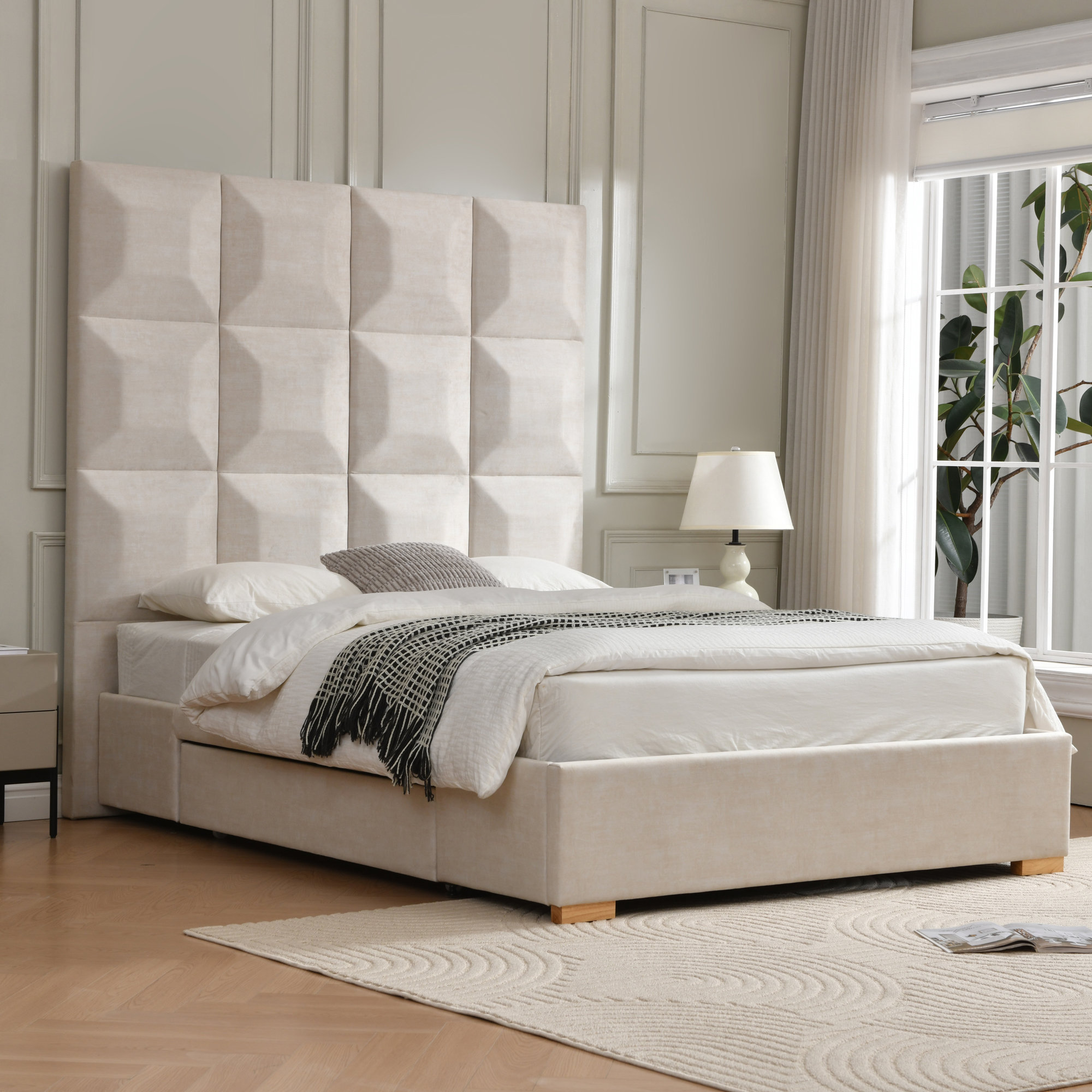 Latitude Run® Upholstered Platform Bed With Extra High Headboard And 2 ...
