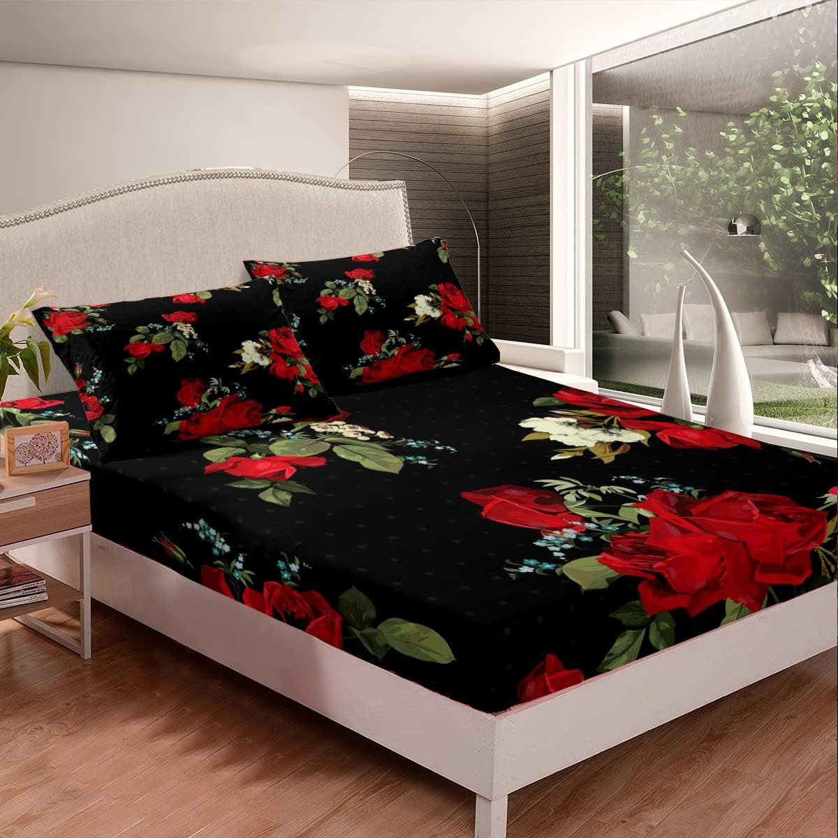 MAGBIX Girls Red Flower Bed Sheets For Couple Lovers Black Botanical ...