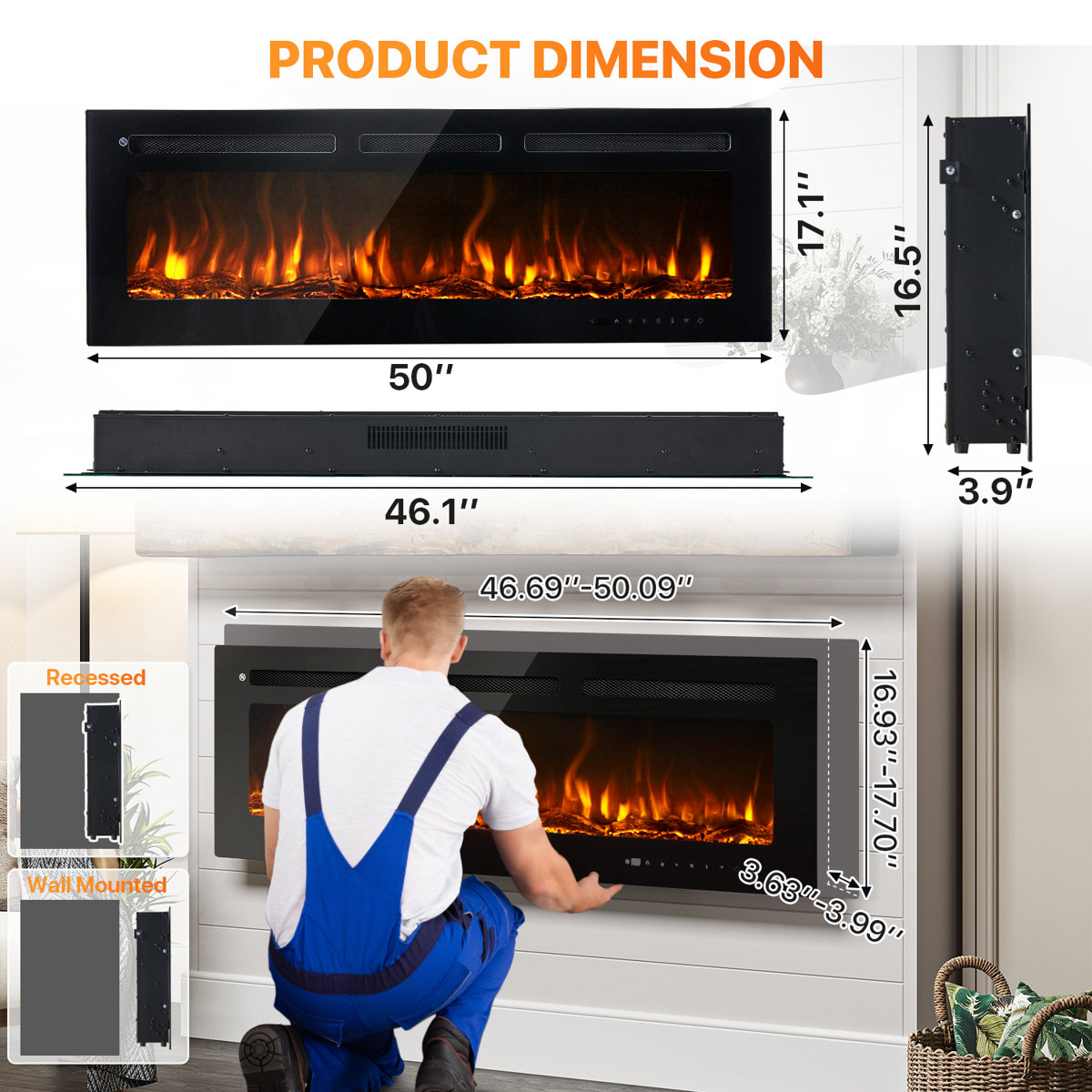 Symple Stuff Smart Wifi Electric Fireplace, Recessed Wall Mounted ...