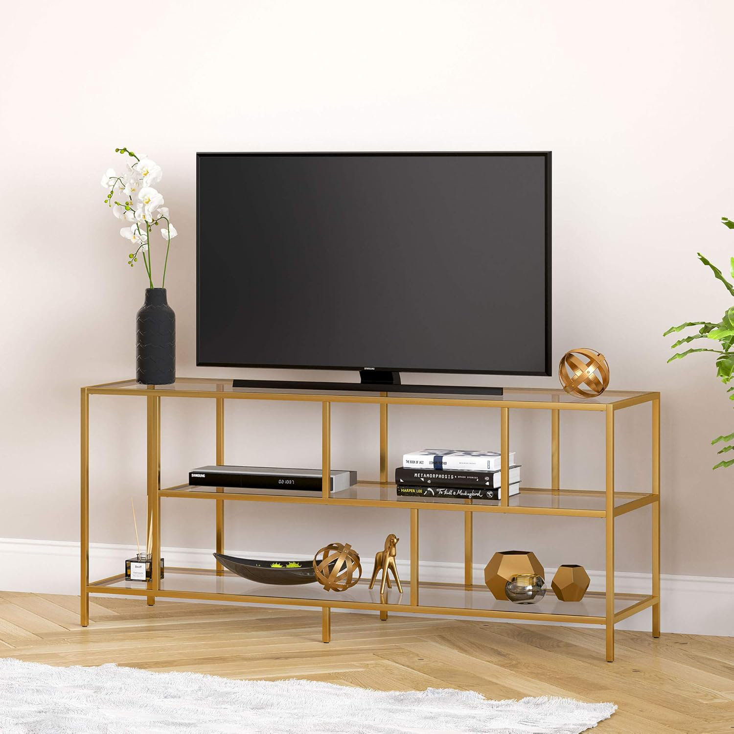 Everly Quinn Rectangular TV Stand With Glass Shelves For Living Room ...