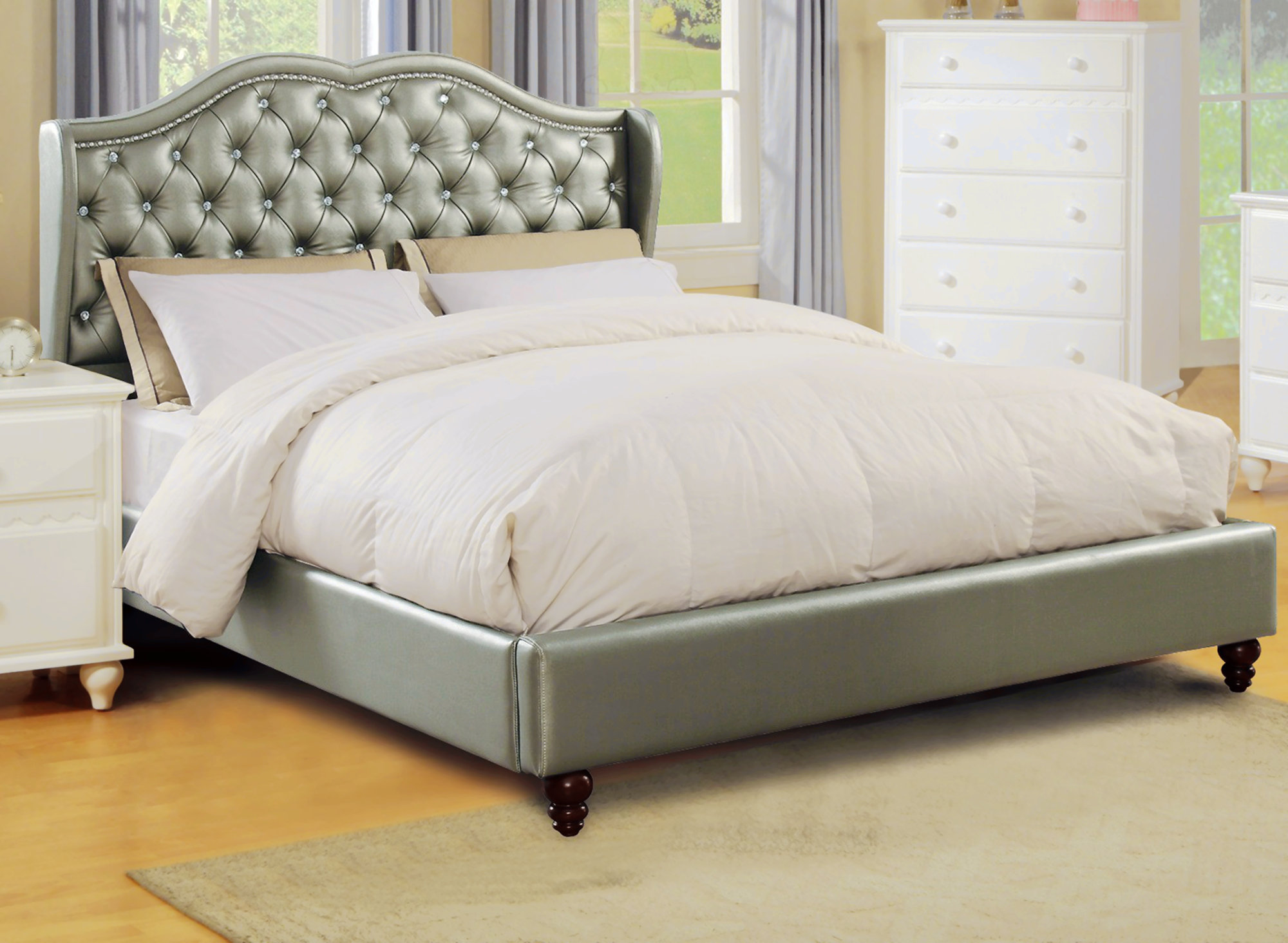 Canora Grey Full Size Bed 1Pc Bed Set Silver Faux Leather Upholstered ...