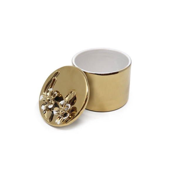 House of Hampton Round Gold Decorative Box With Flower Design Lid | Wayfair