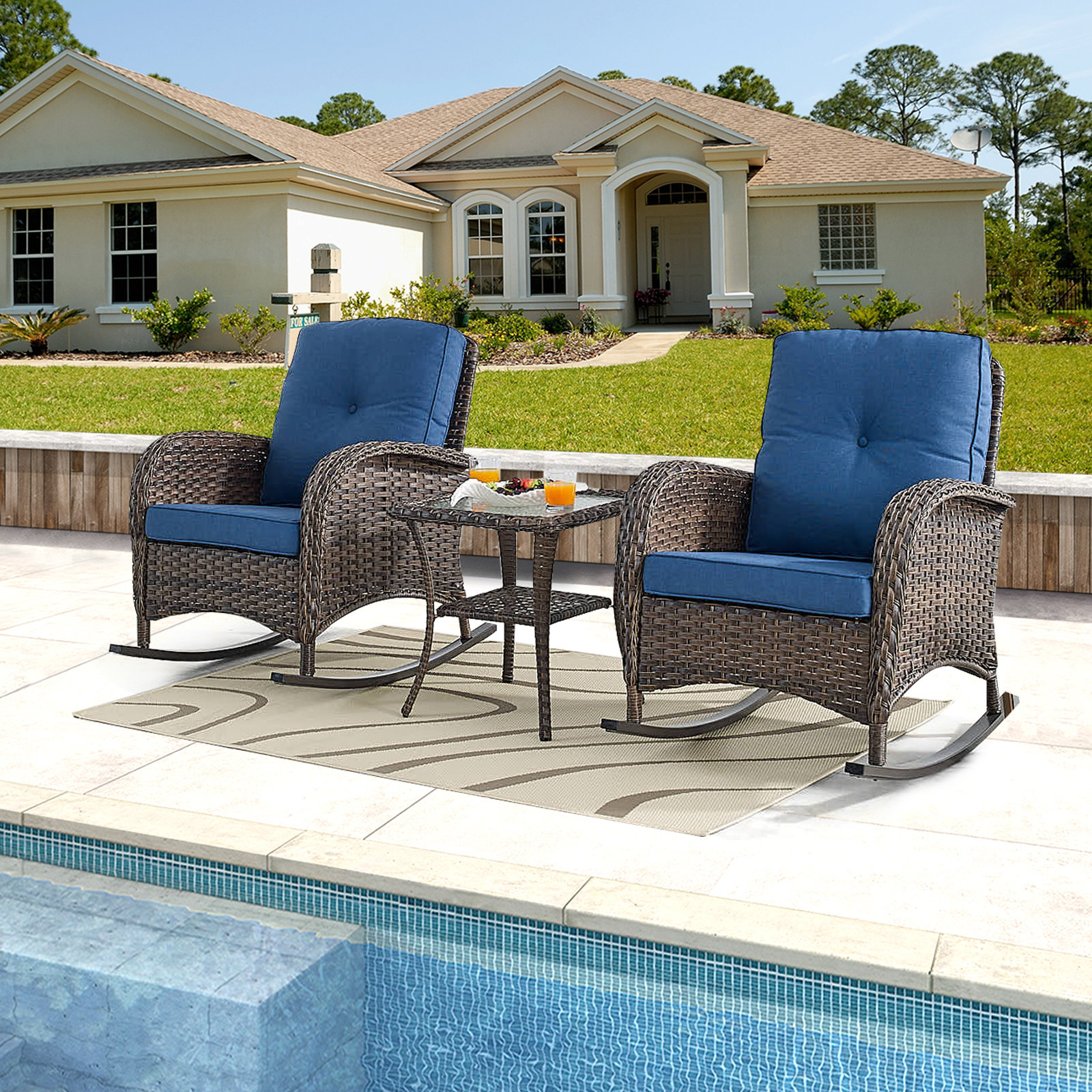Winston Porter Tonry Wicker Rattan Outdoor Rocking Chair Set | Wayfair
