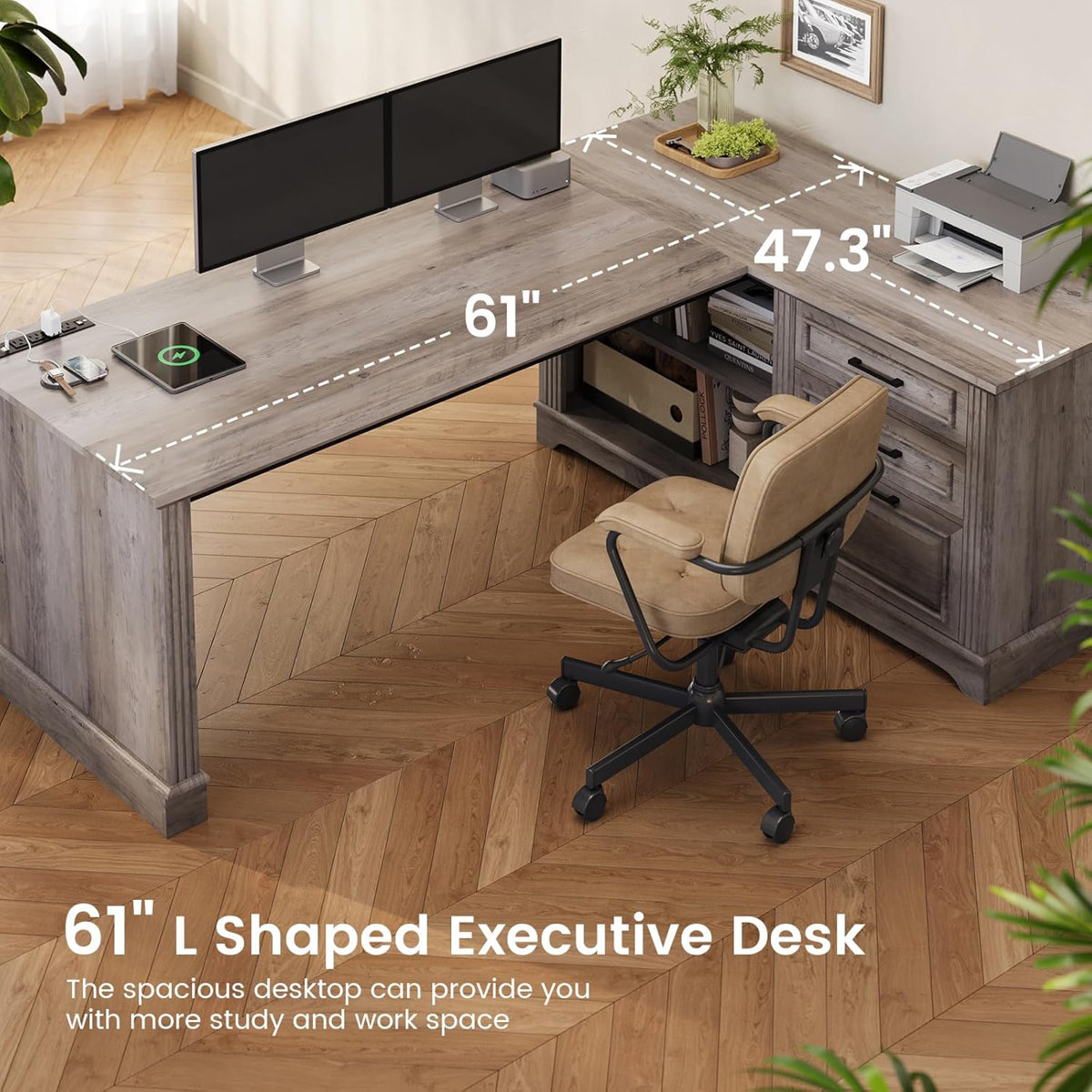 Winston Porter 61" Executive Desk, Farmhouse L Shaped Desk With File ...