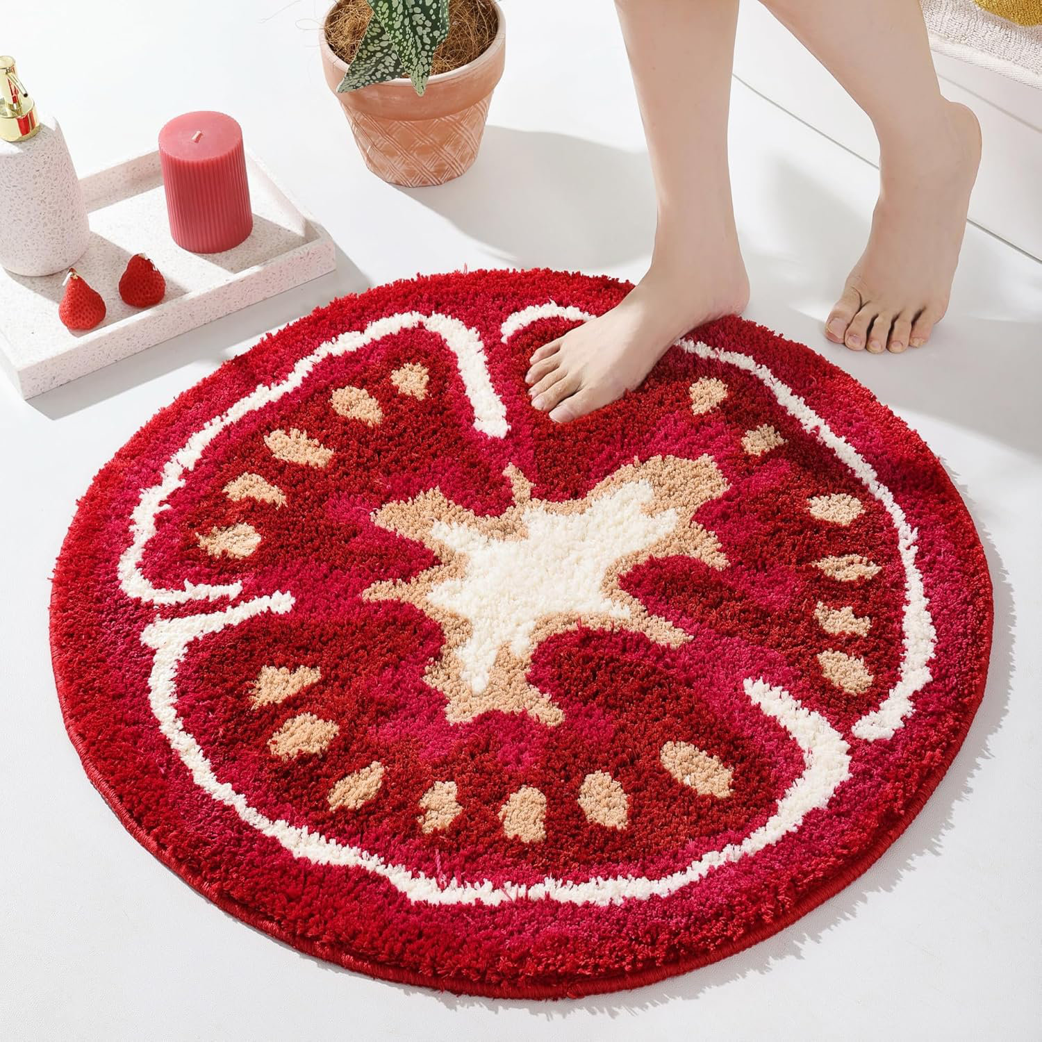 Red Barrel Studio® Tomato Cute Bath Mat For Bathroom, Red Round Bath ...