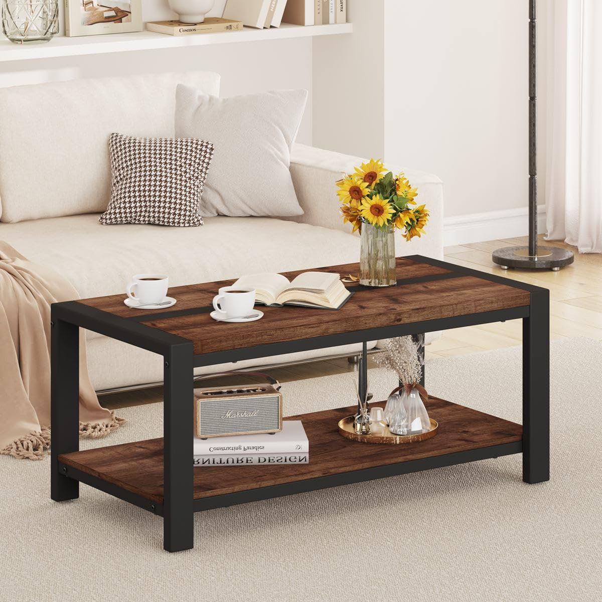 One Allium Way Industrial Coffee Table For Living Room, 43 Inch Rustic ...