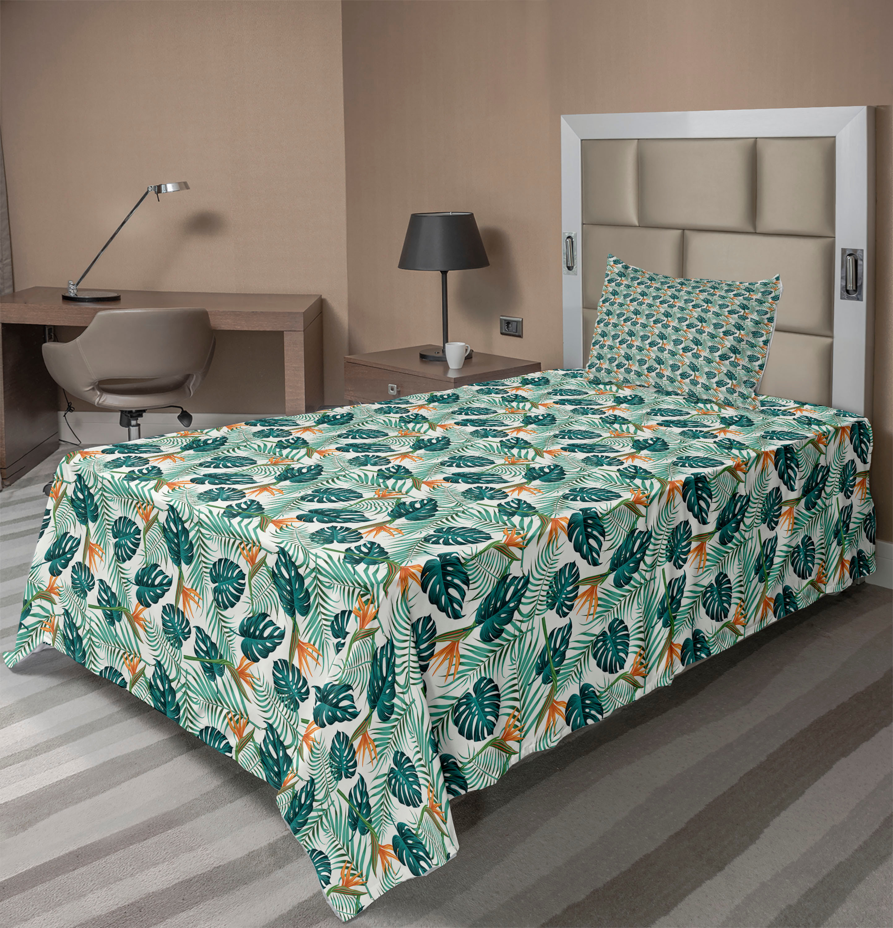 Ambesonne Tropical Sheet Set Palm Monsteras Strelitzias Dark Teal and ...