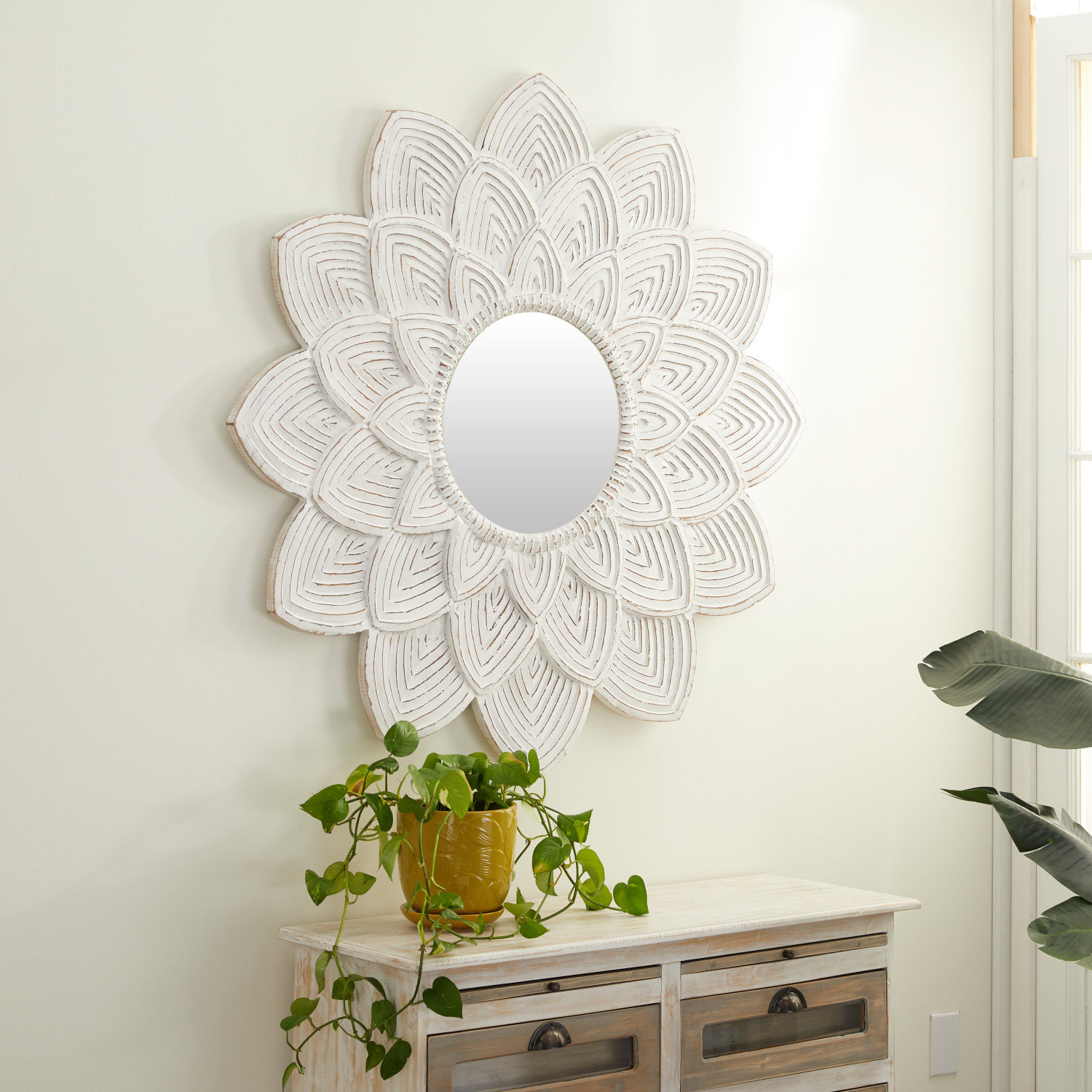 Novogratz Wooden Carved Floral White Wall Mirror with Overlapping ...