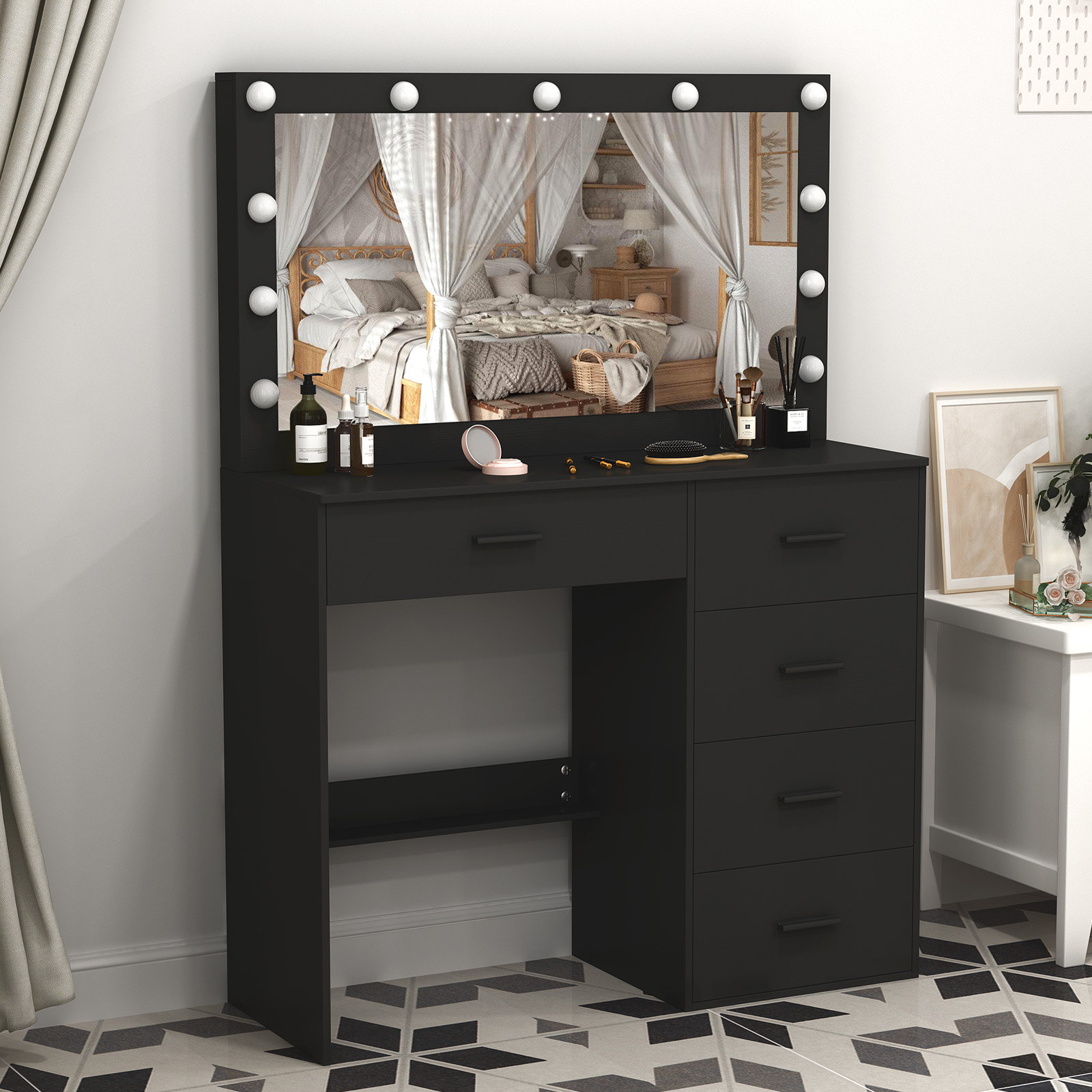 Ebern Designs Black Vanity Desk With Makeup Mirror And 11 Lights, 31.5 ...